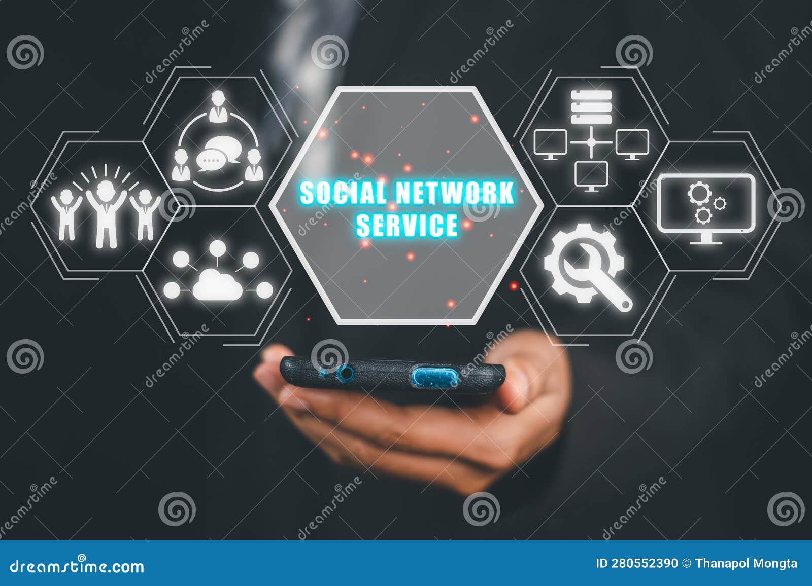 Person Using Smart Phone with Social Network Service Icon on Virtual ...