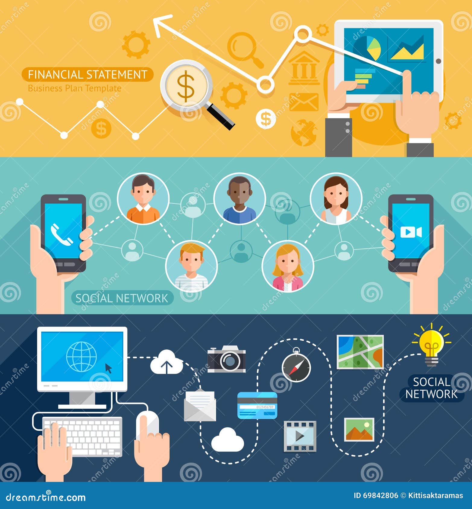 Social Network Technology Flat Banner. Stock Vector - Illustration of ...