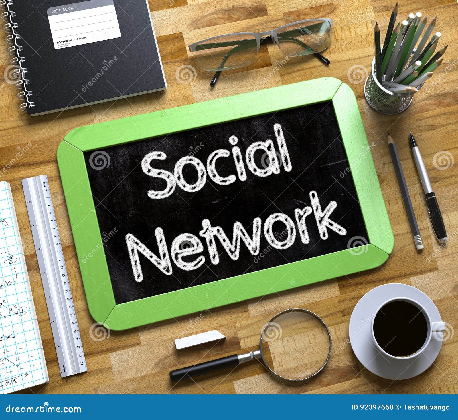 Social Network - Text on Small Chalkboard. 3D. Stock Illustration ...