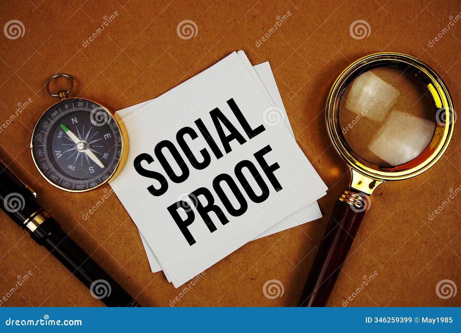 Social Proof Text on Sticky Note with Compass and Magnifying Glass on ...