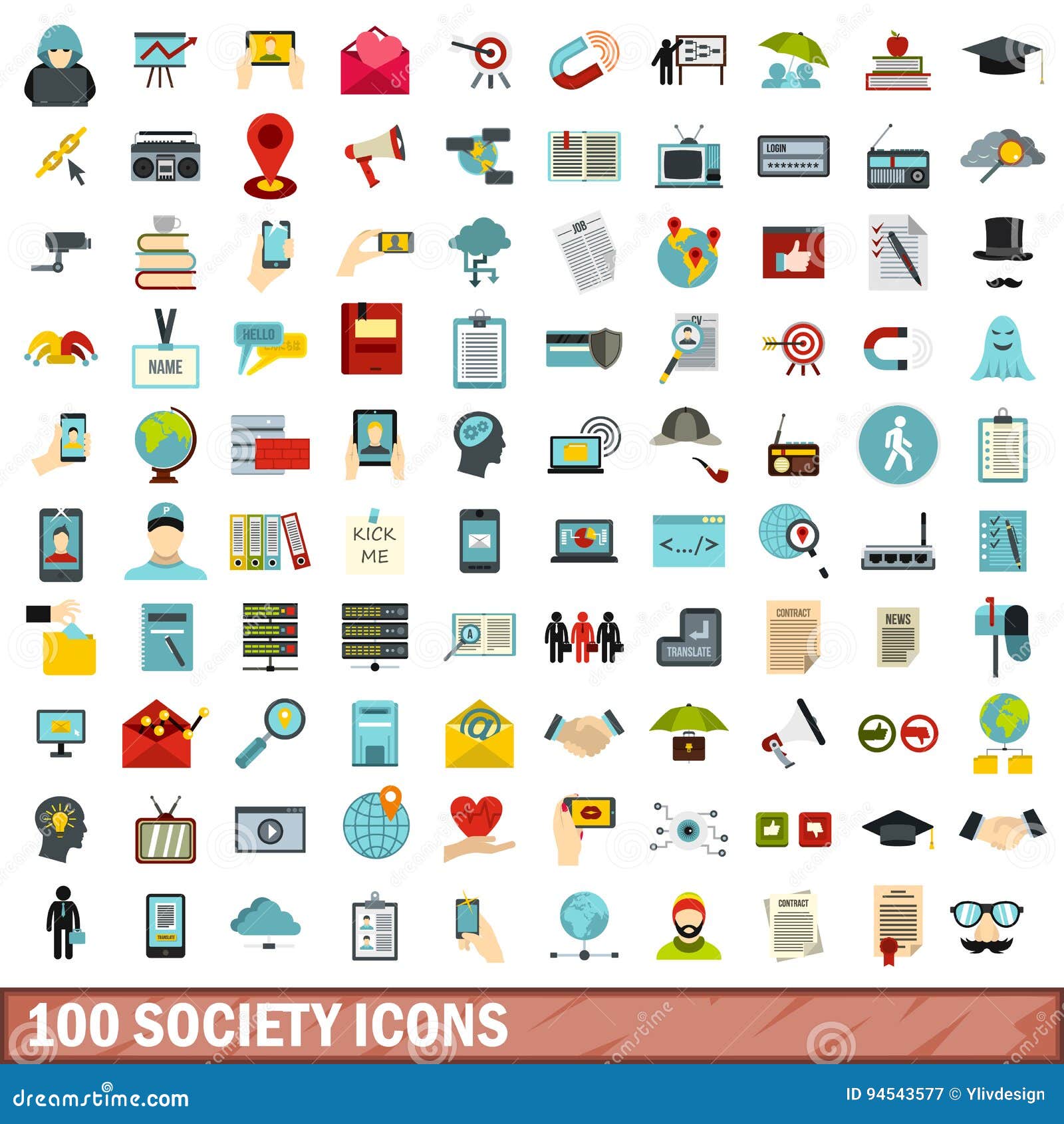 100 Society Icons Set, Flat Style Stock Vector - Illustration of ...