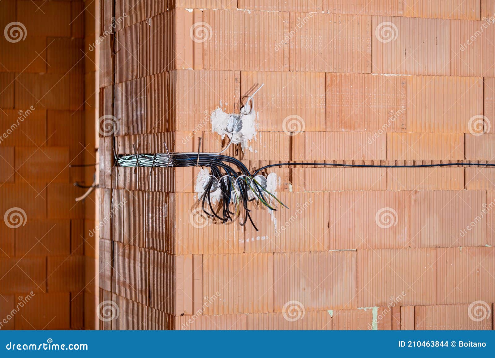 Socket Back Boxes with Wires in a Wall. Cabling Background. Colorful ...
