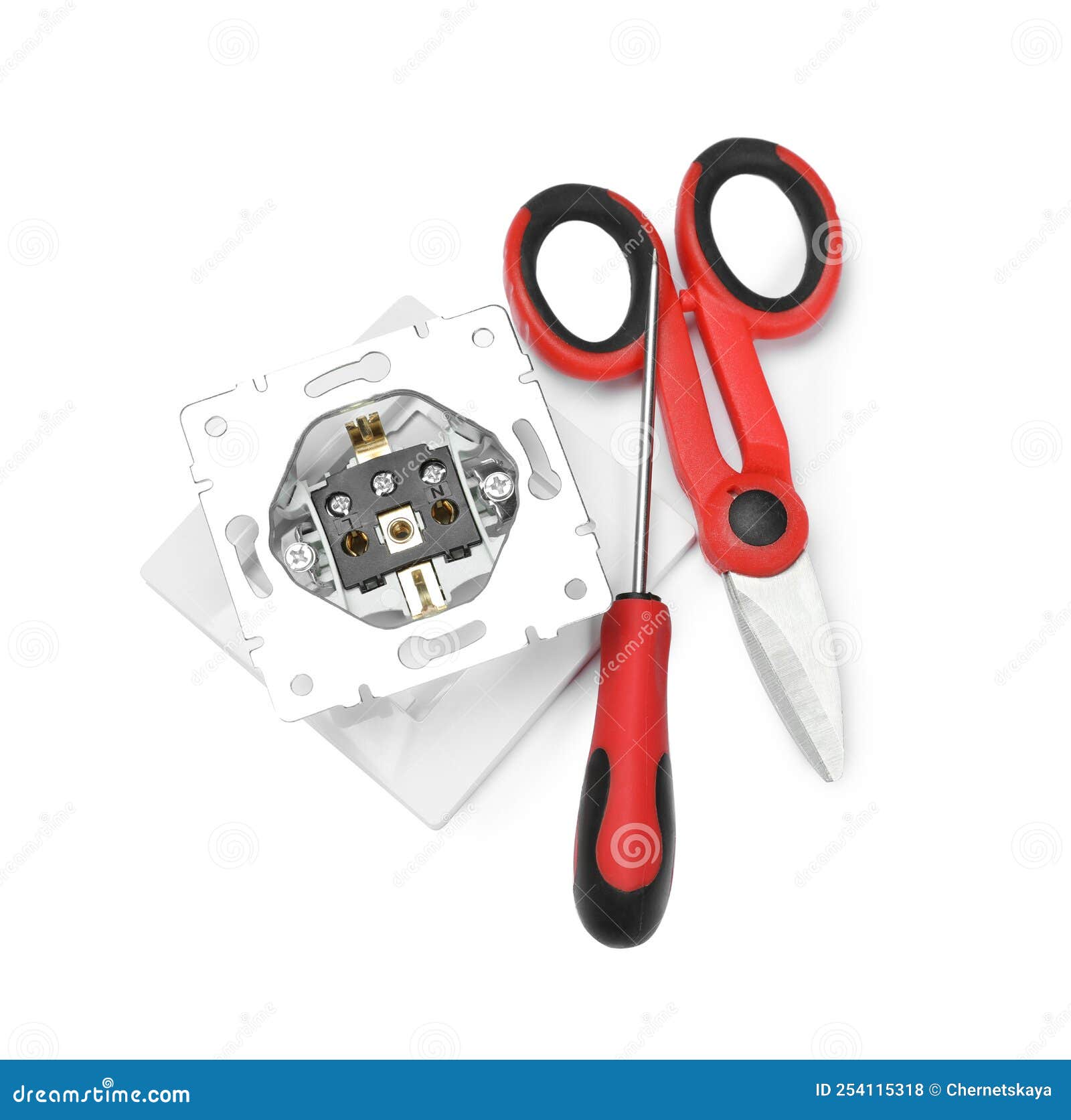 Socket and Electrician`s Tools Isolated on White, Top View Stock Photo ...