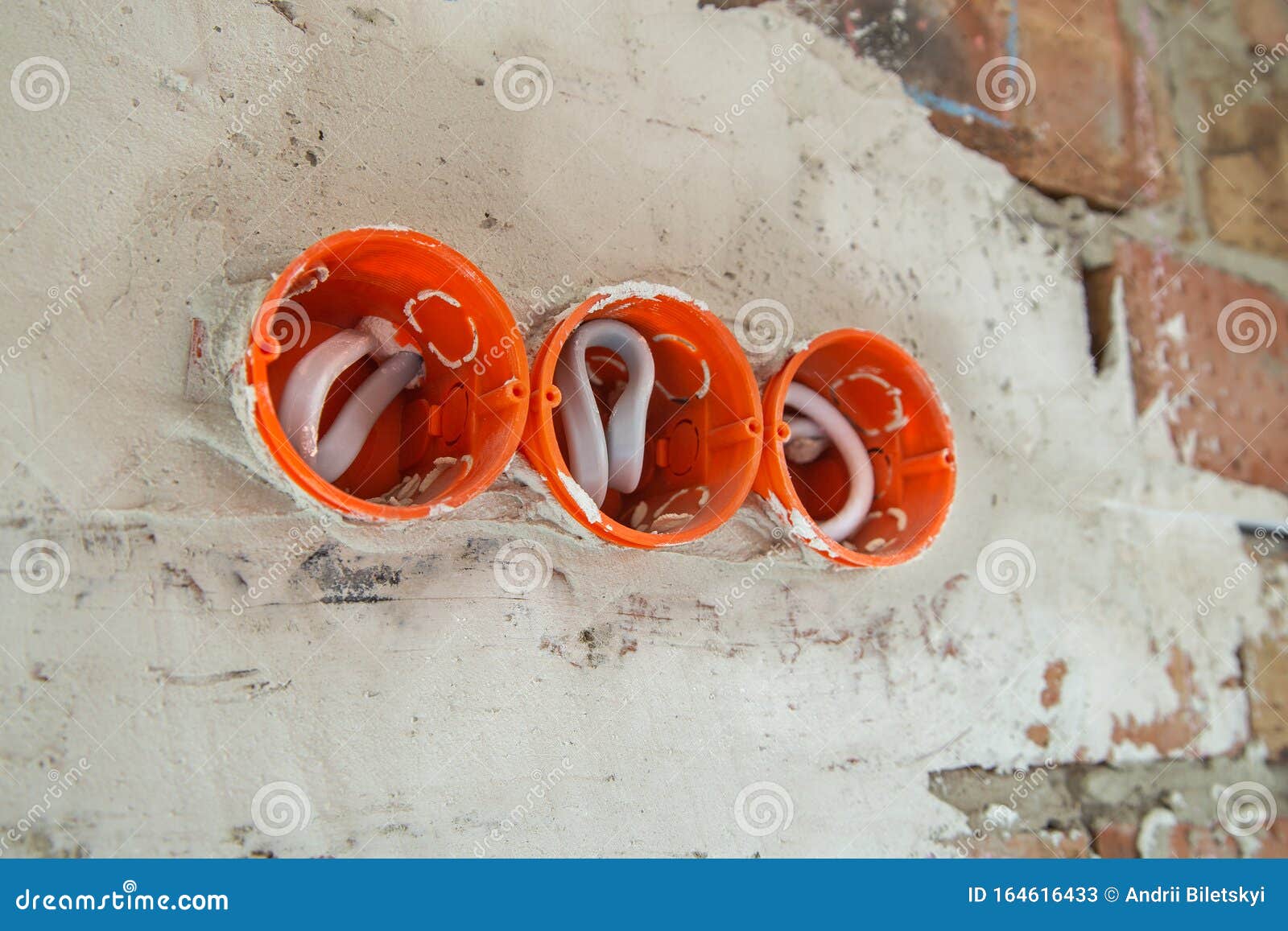 Socket Orange Boxes With Wires In A Wall. Cabling Installation Of ...