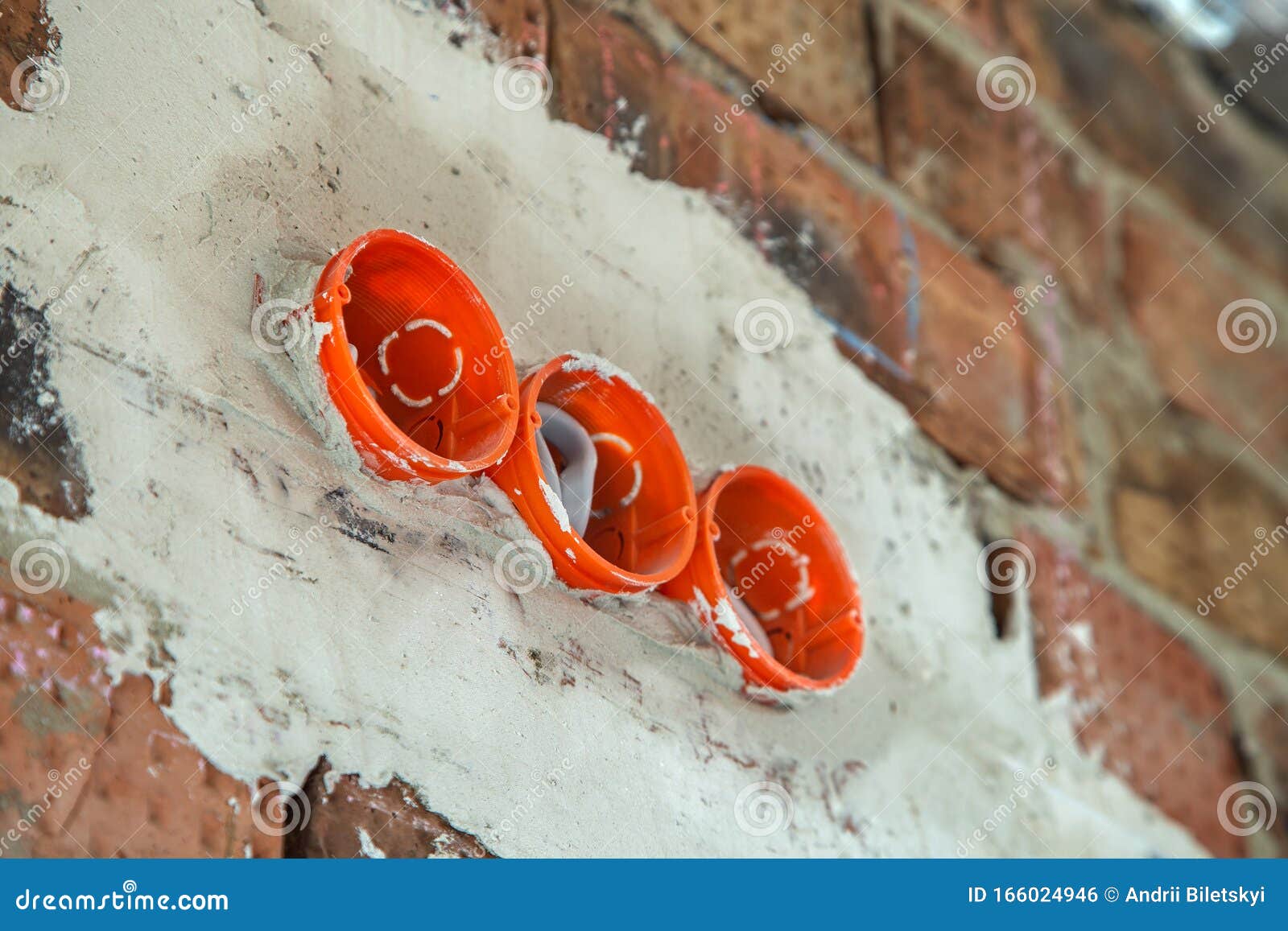 Socket Orange Boxes With Wires In A Wall. Cabling Installation Of ...