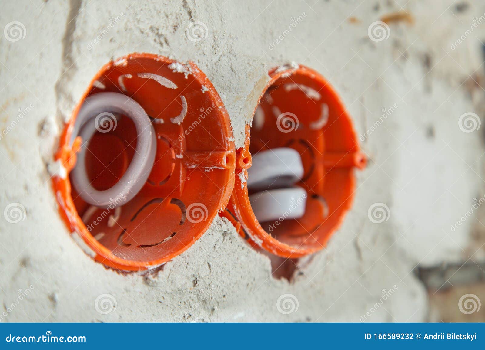 Socket Orange Boxes with Wires in a Wall. Cabling Installation of ...