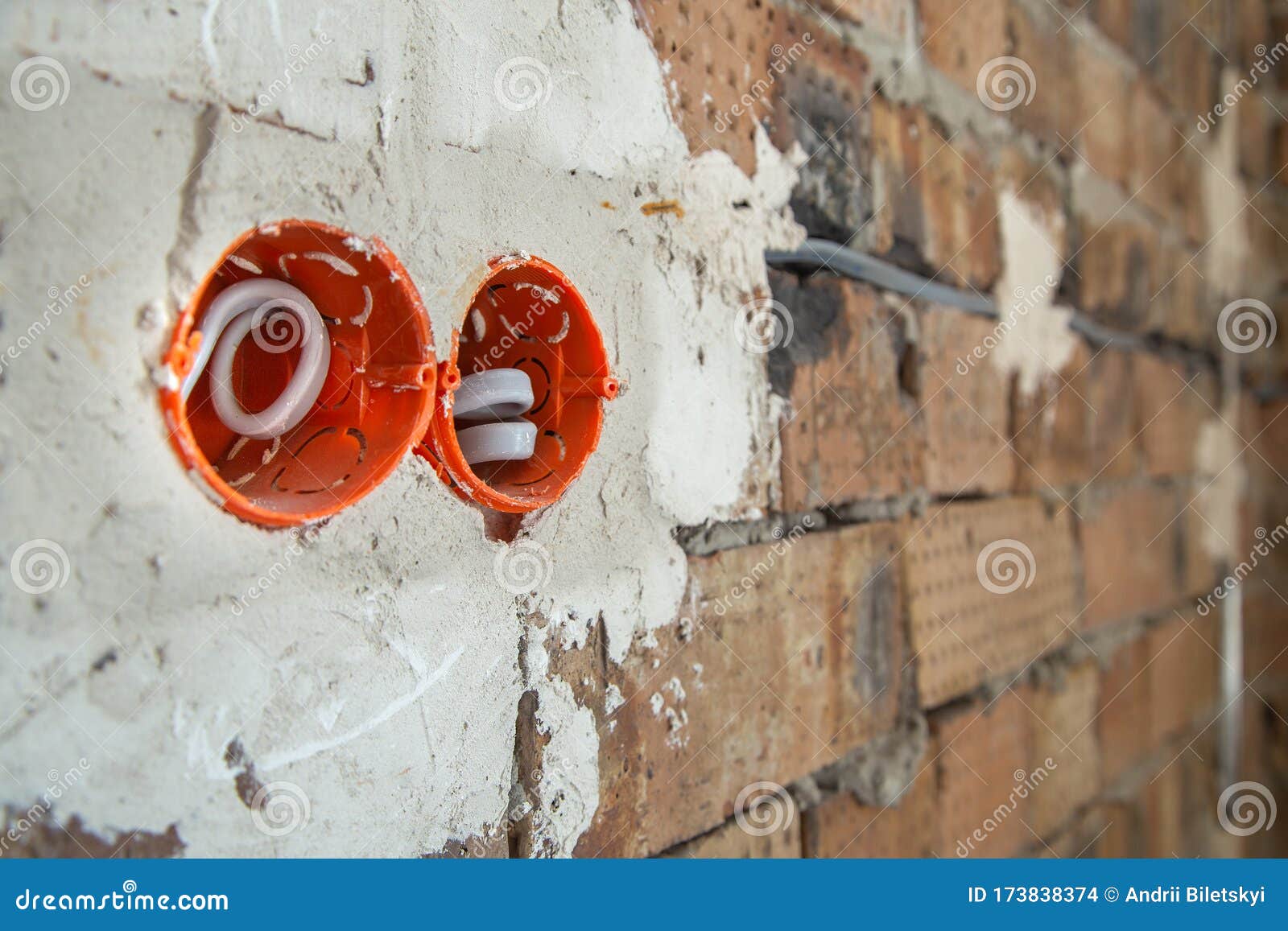 Socket Orange Boxes with Wires in a Wall. Cabling Installation of ...