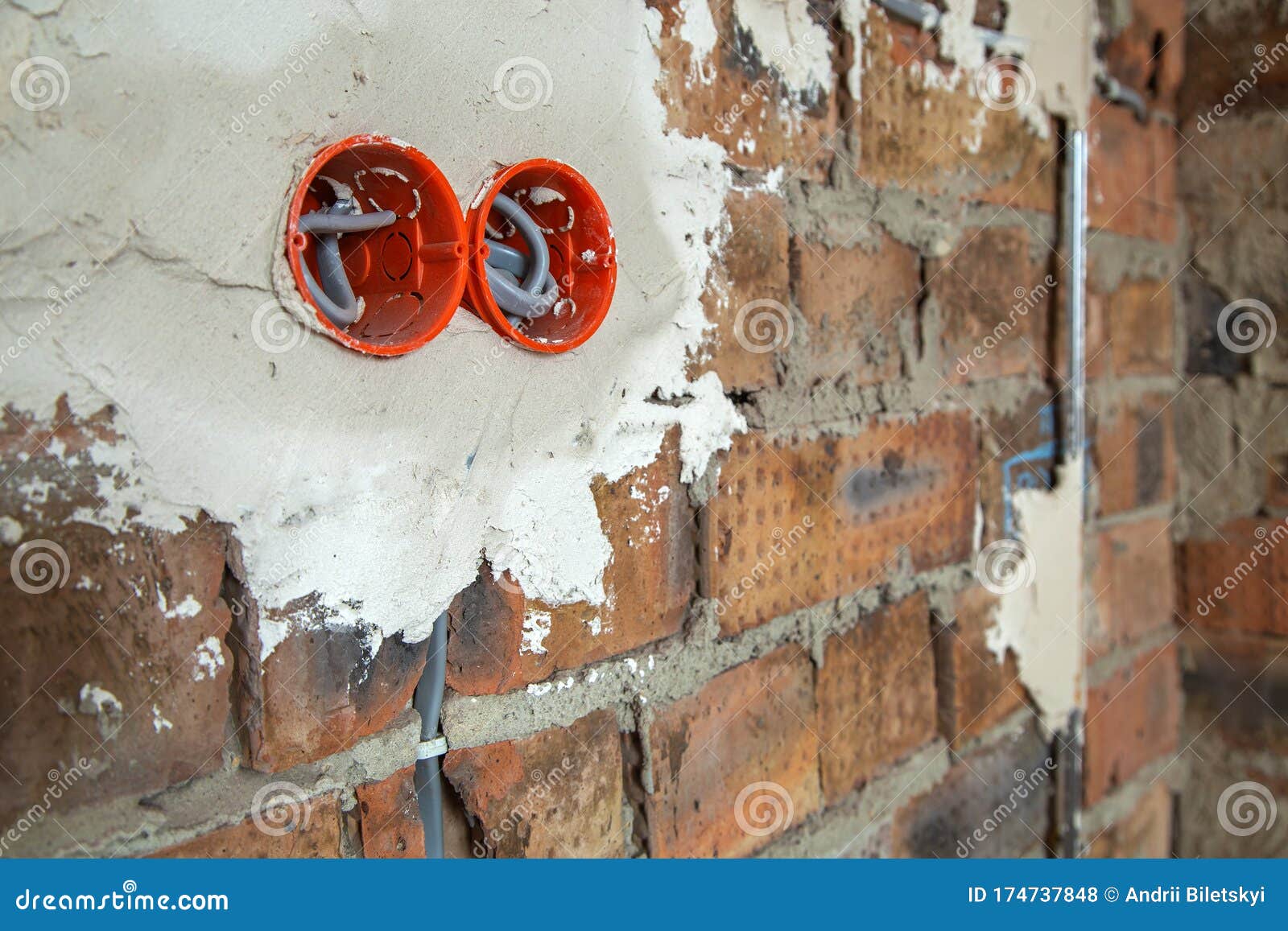 Socket Orange Boxes with Wires in a Wall. Cabling Installation of ...