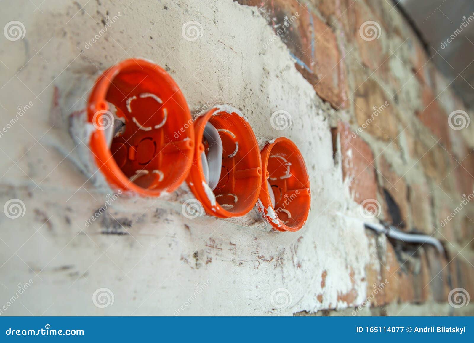 Socket Orange Boxes with Wires in a Wall. Cabling Installation of ...