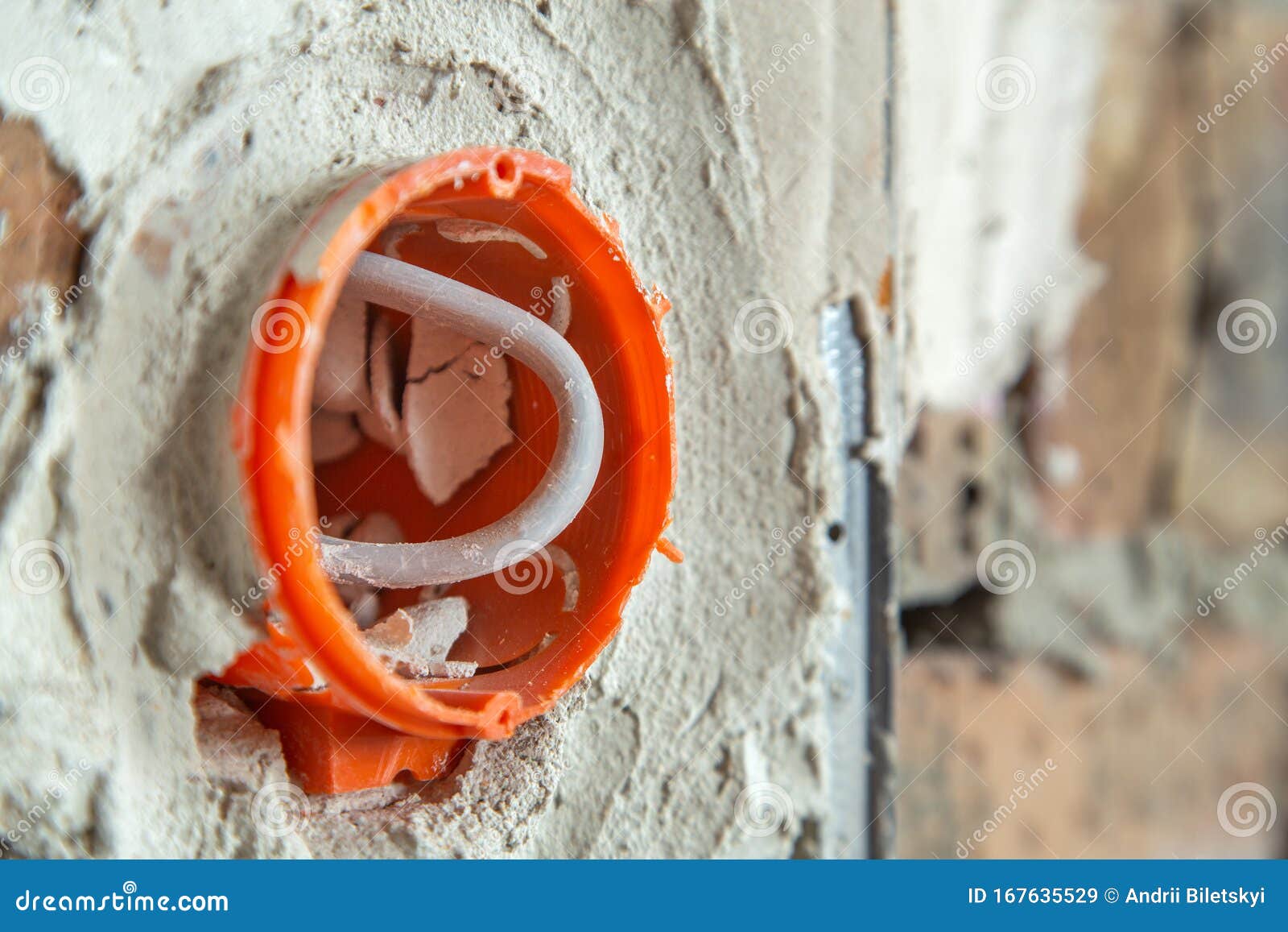Socket Orange Boxes with Wires in a Wall. Cabling Installation of ...