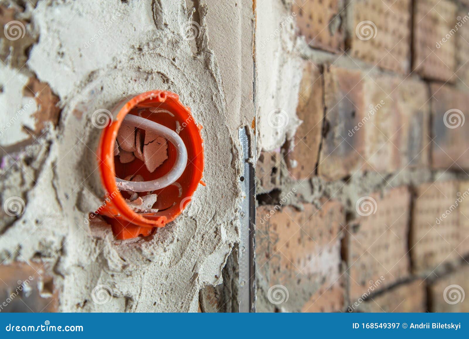 Socket Orange Boxes with Wires in a Wall. Cabling Installation of ...