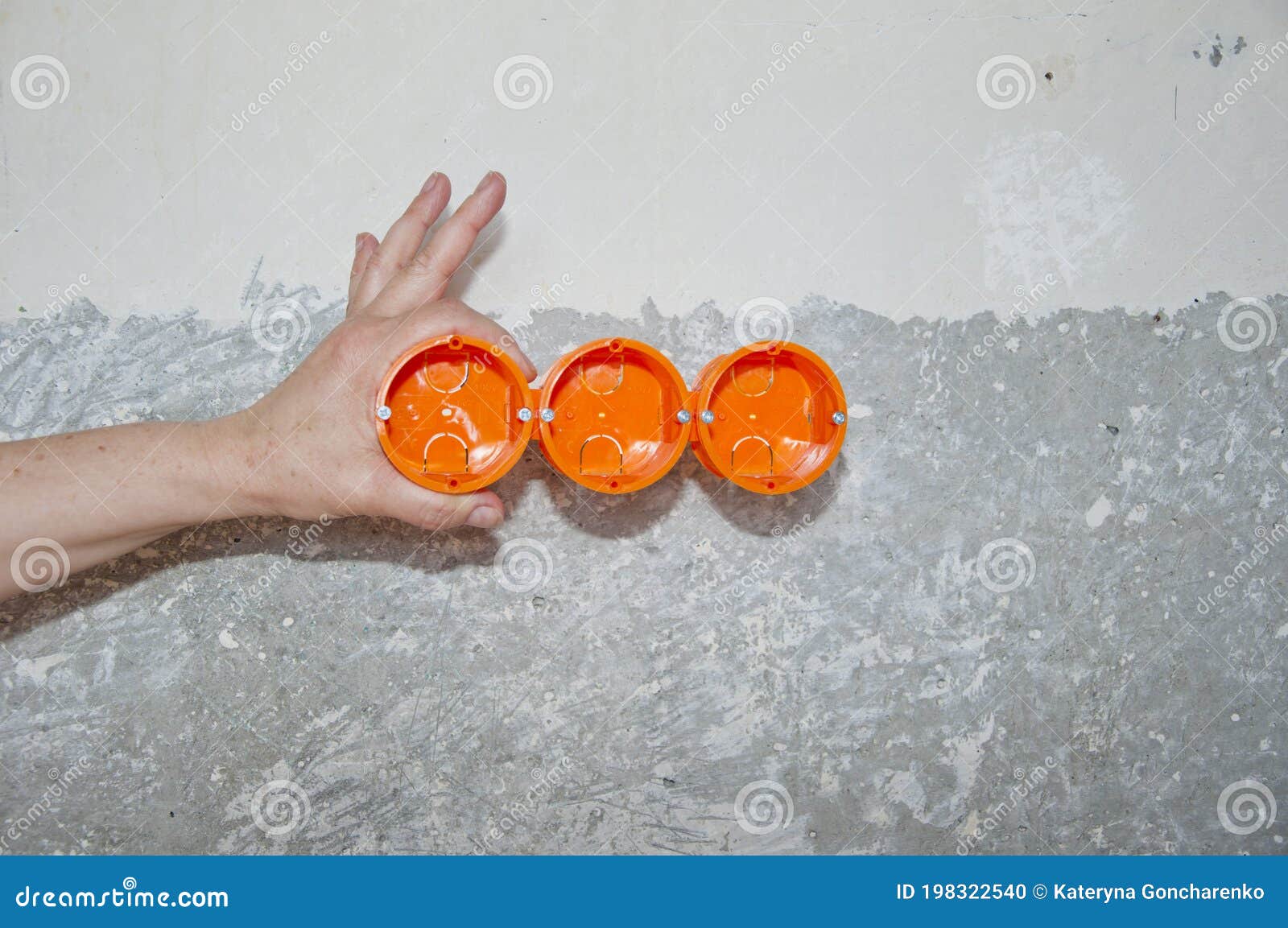 Socket Orange Boxes With Wires In A Wall. Cabling Installation Of ...