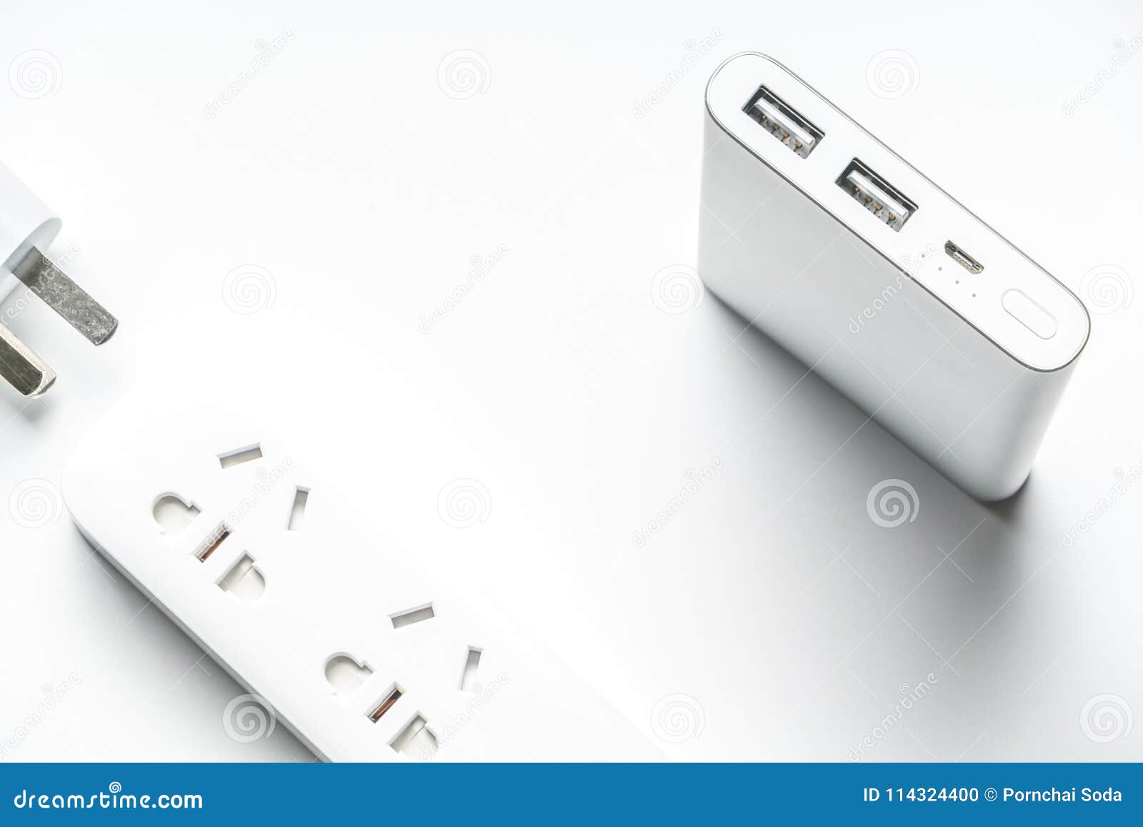 Socket Plug Electric Power Bar and White Silver Power Bank Isolate ...