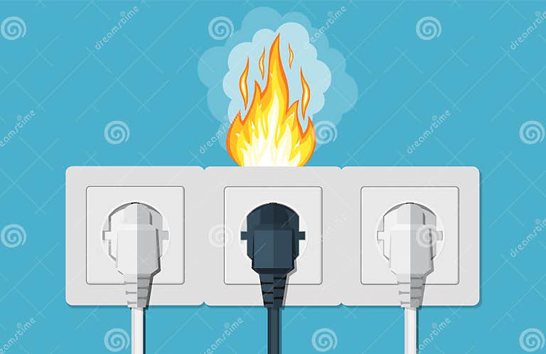 Socket and Plug on Fire from Overload. Stock Vector - Illustration of ...
