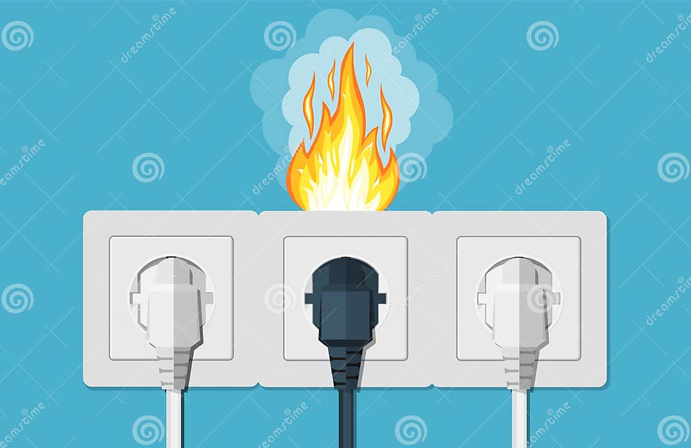 Socket and Plug on Fire from Overload. Stock Vector - Illustration of ...