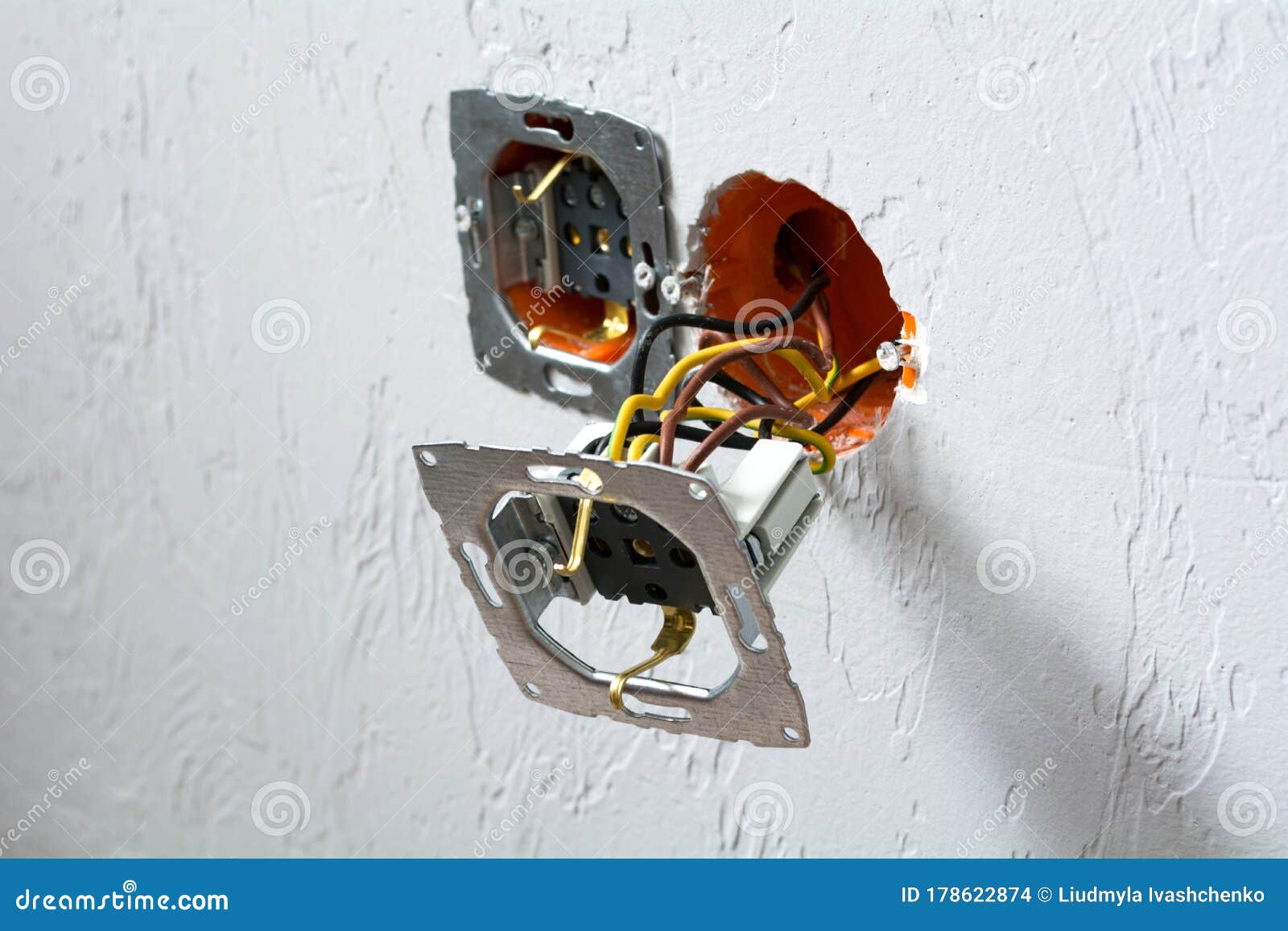 Socket Plug Installation. Disassembled Electrical Outlet with Bare ...
