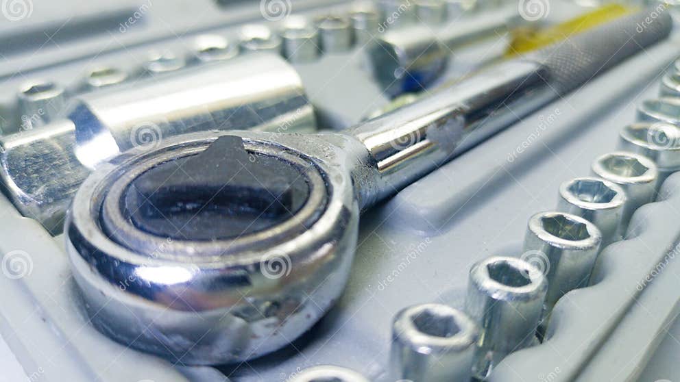 Socket Set, Metal Bits for Socket Wrench Chrome Colored, Selected Focus, on White Background ...