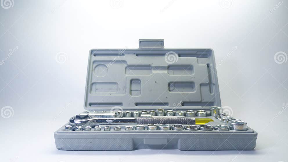 Socket Set, Metal Bits for Socket Wrench Chrome Colored, Selected Focus, on White Background ...