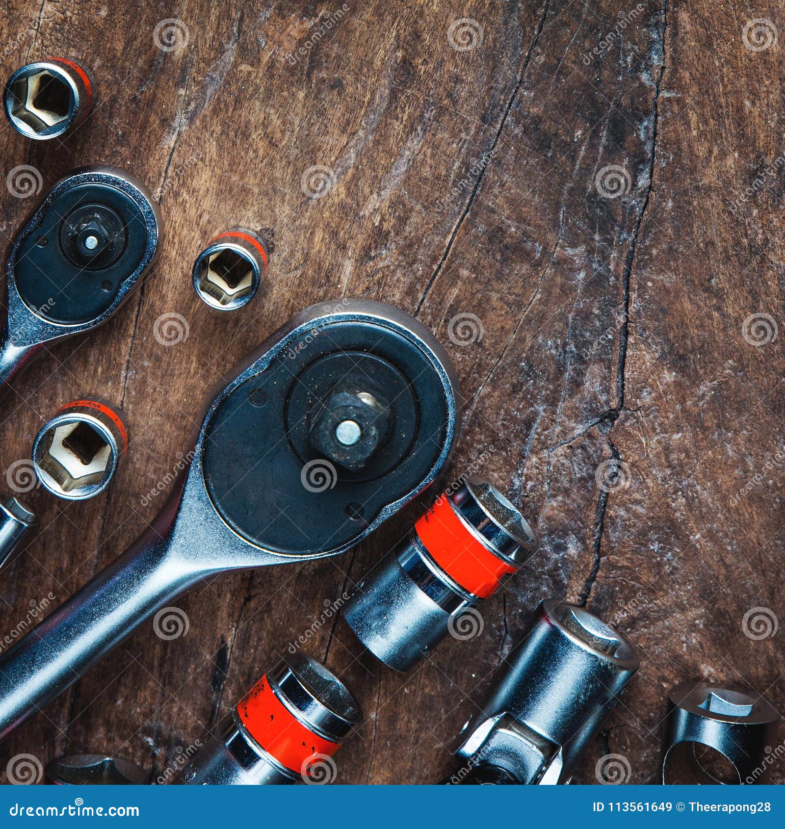 Socket Spanner Wrenches on Wooden Background for Mechanical Tool Stock ...