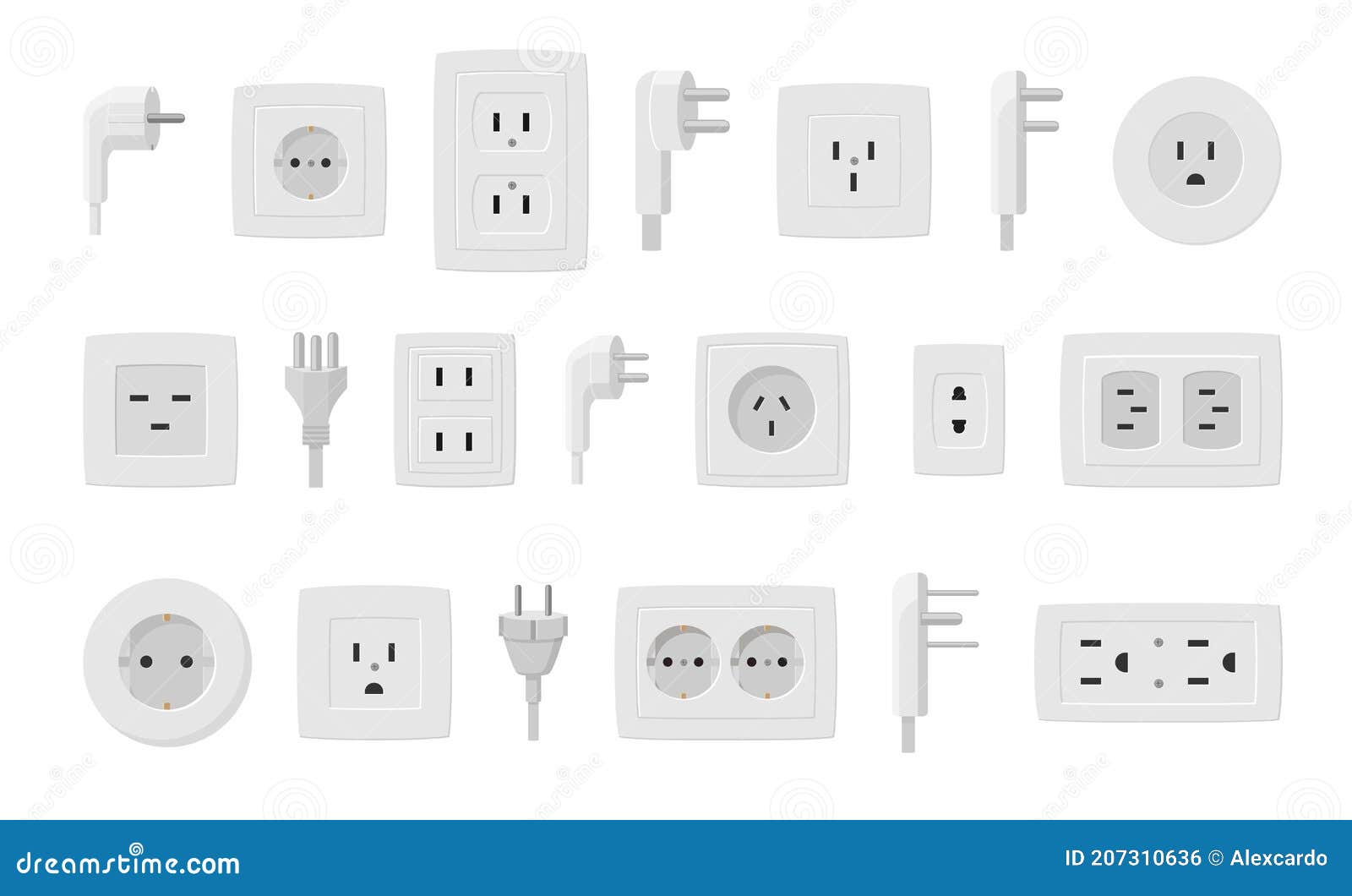 Sockets and Plugs Set. White Electrical Connectors and Holes Line ...