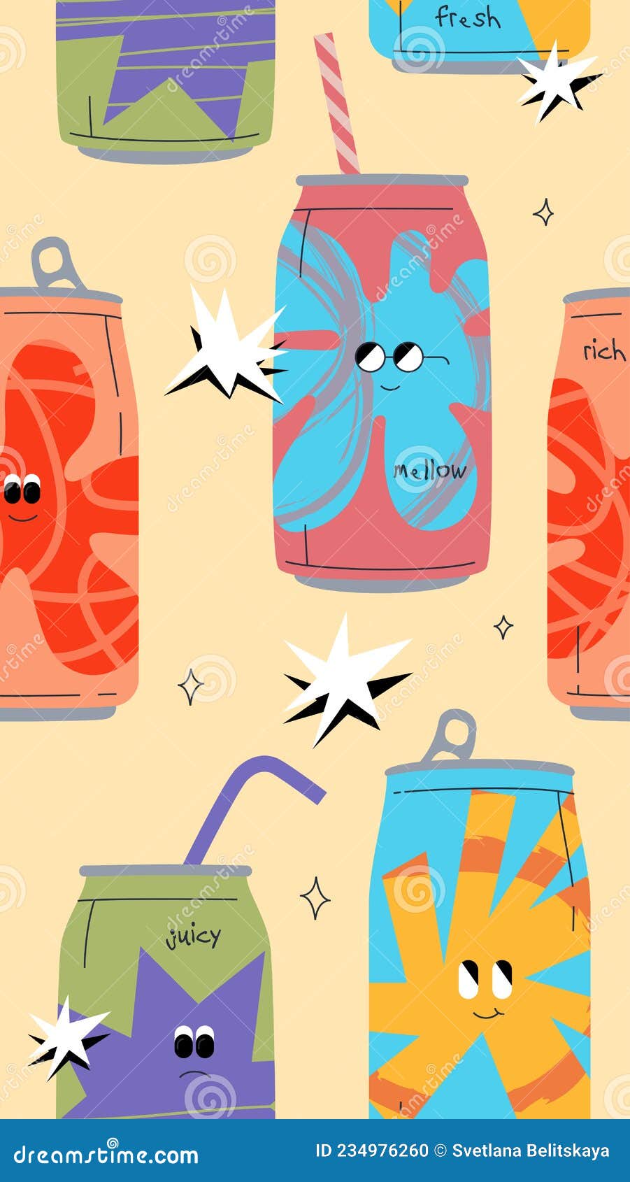 Soda Cans Seamless Pattern stock vector. Illustration of fruit - 234976260