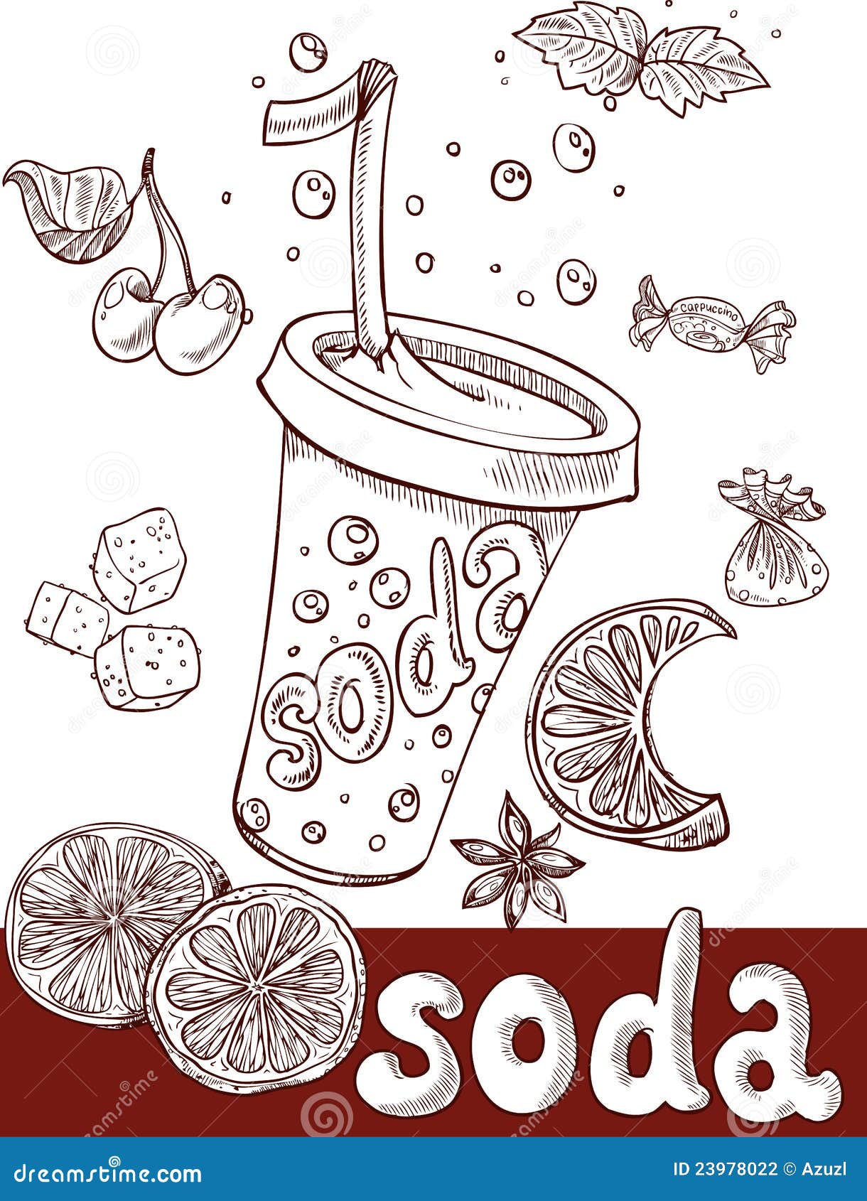 Soda Doce Com Fruta E Doces. Escrita Ilustração Stock - Ilustração de ...