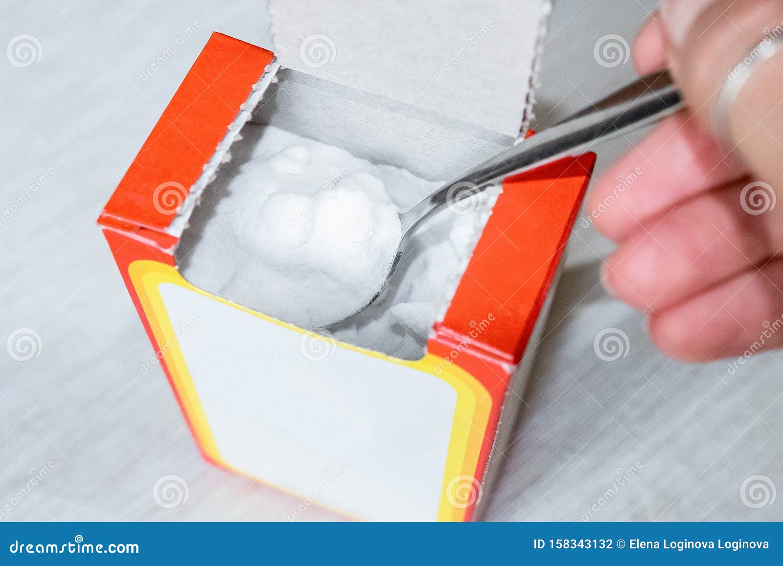 Soda Powder on a Spoon. Soda from a Cardboard Box Stock Photo - Image ...