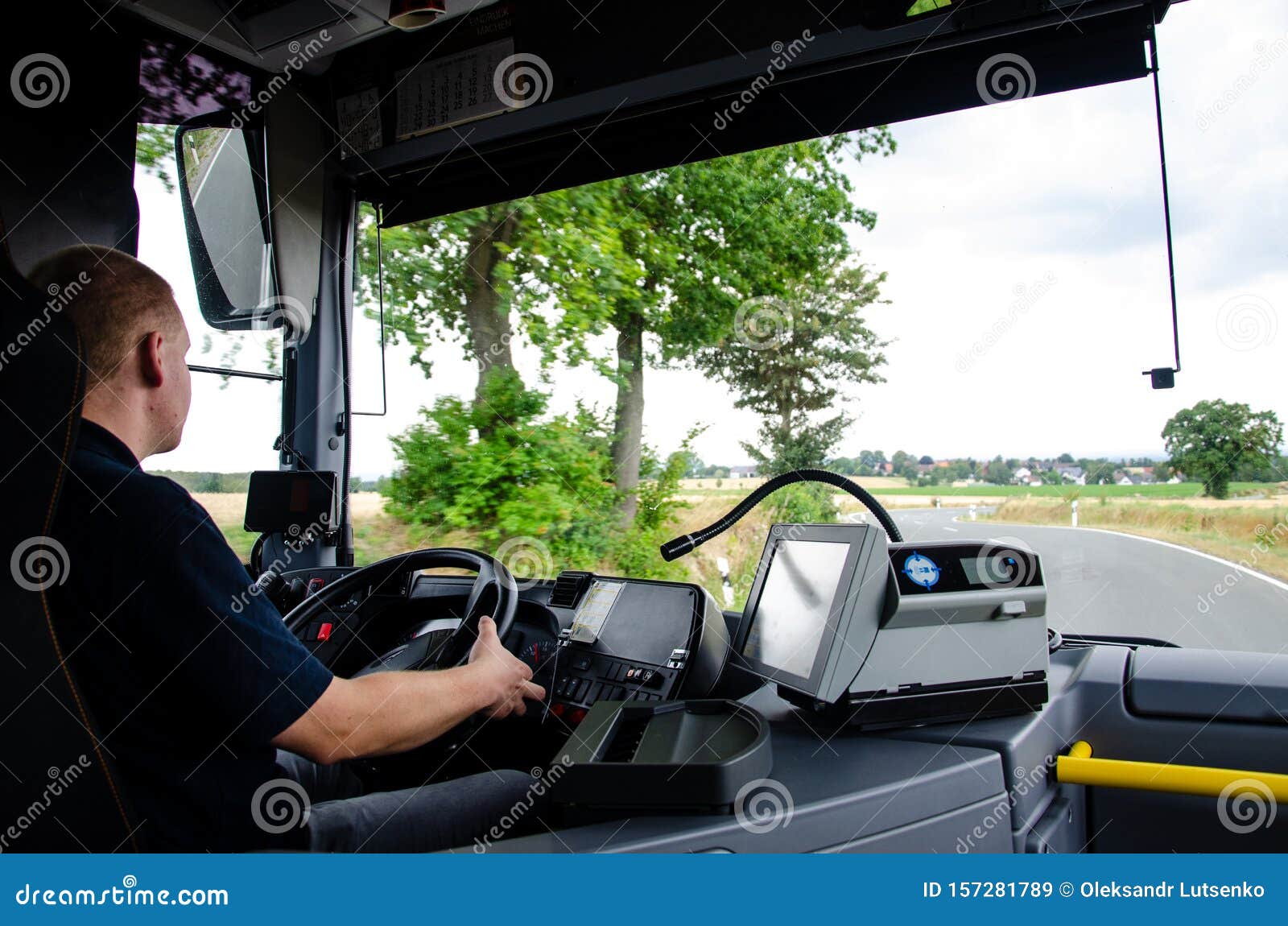 Soest, Germany - August 1, 2019: Bus Driver at Work. View Inside Bus ...