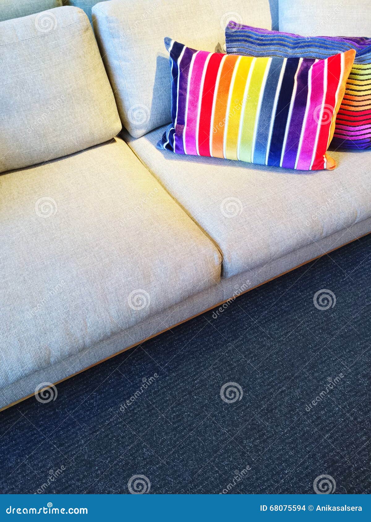 Sofa with Bright Rainbow Striped Cushions Stock Photo - Image of couch ...
