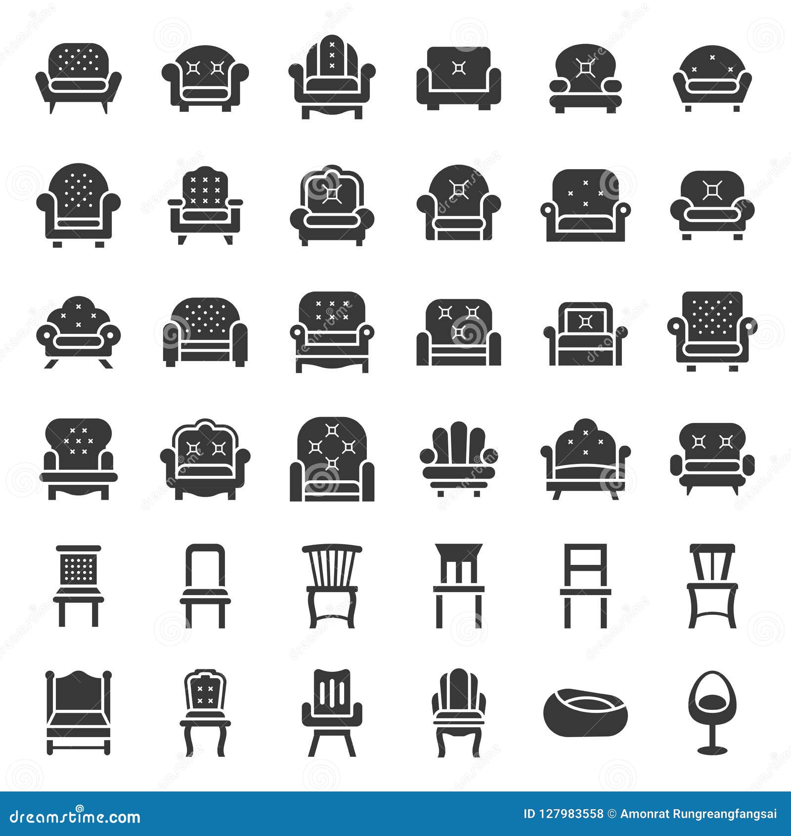 Sofa and Chair Icon Set, Solid Style Stock Vector - Illustration of ...