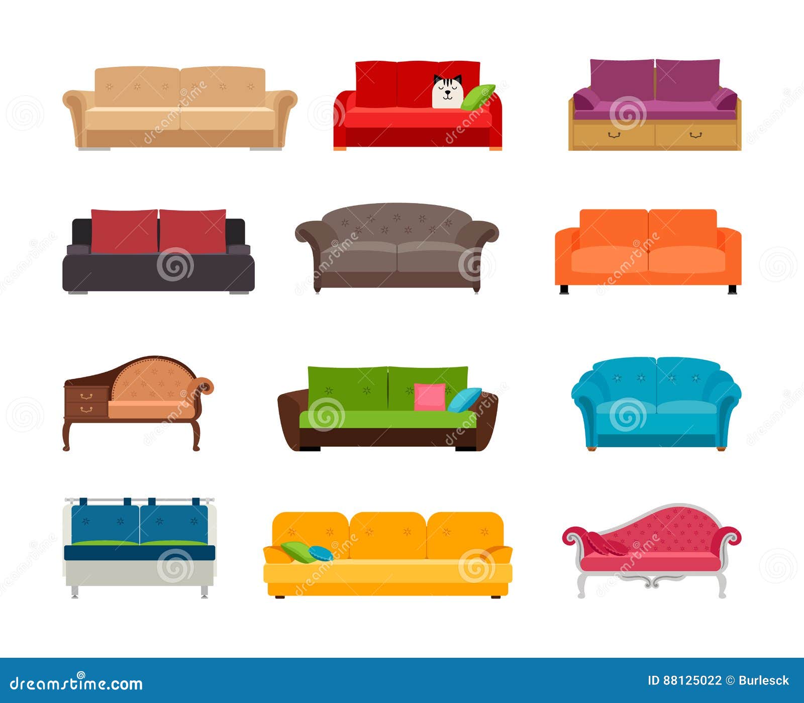 Sofa Colored Vector Set. Comfortable Couch Collection Isolated on White ...