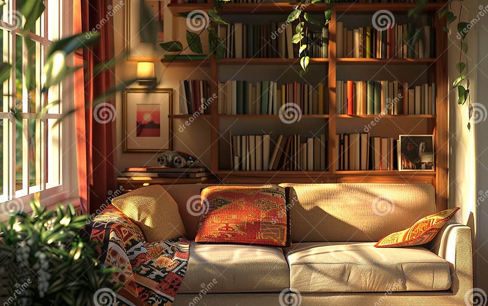 Sofa Facing a Warm and Cozy Reading Area -Generative Ai Stock Photo ...