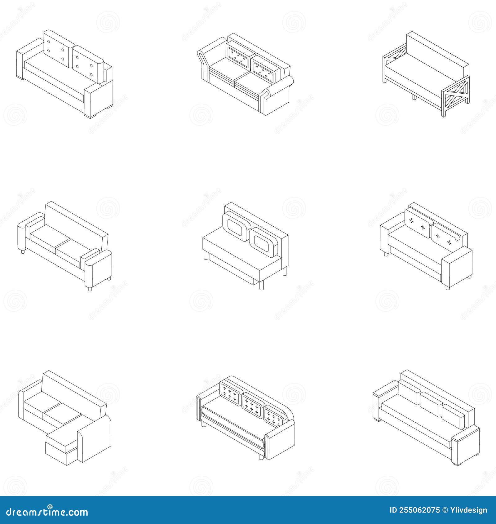 Sofa Icon Set Vector Outline Stock Vector - Illustration of design ...