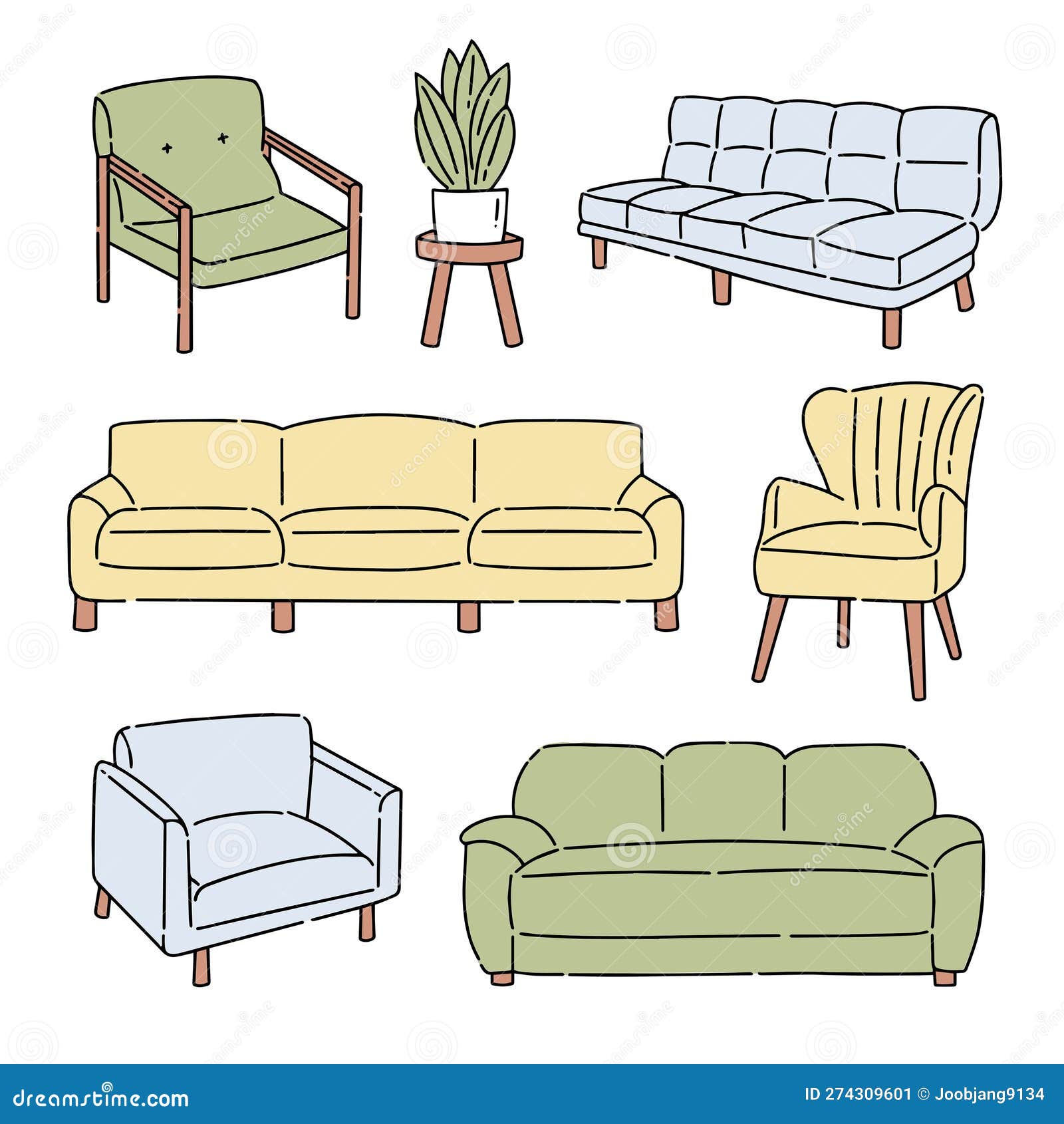 Set Of Sofa Outline Collection Wooden Furniture With With Pillows Flat ...