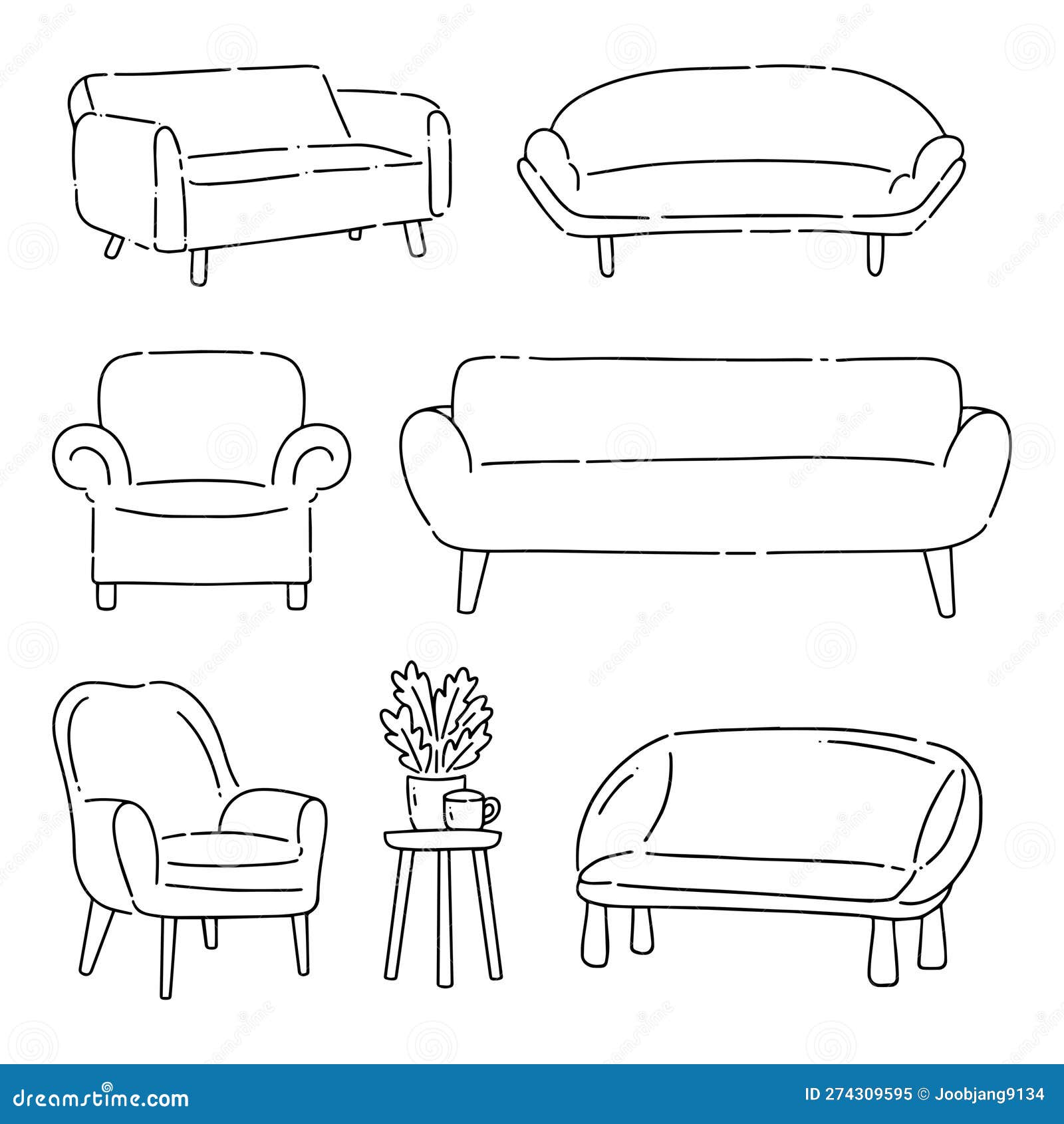 Set Of Sofa Outline Collection Wooden Furniture With With Pillows Flat ...