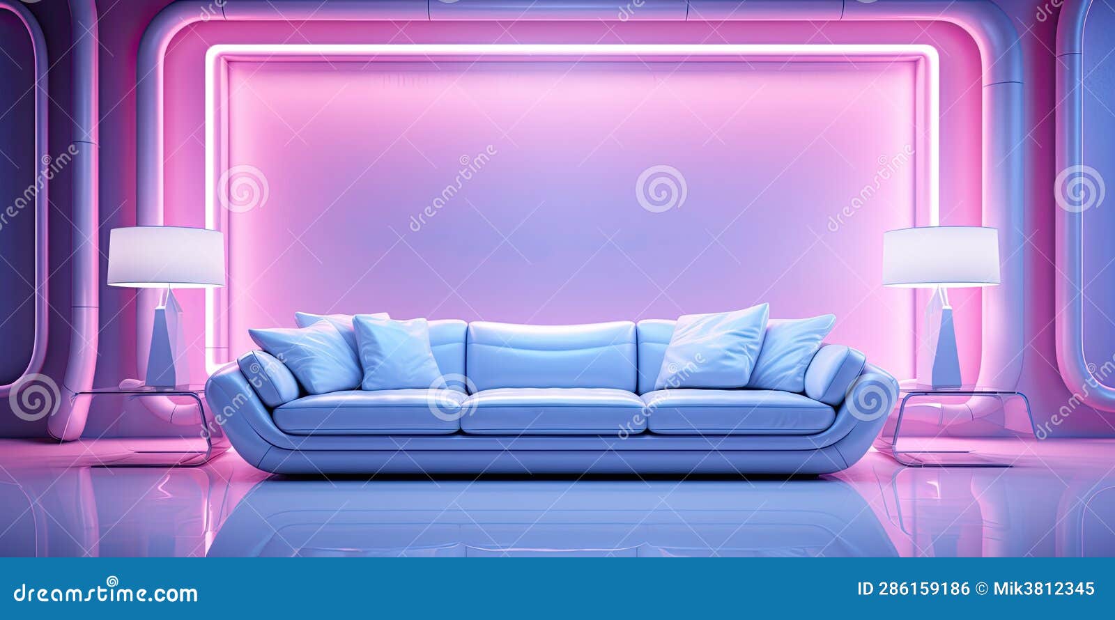 A Sofa in a Room with Futuristic Neon Lights. Stock Illustration ...