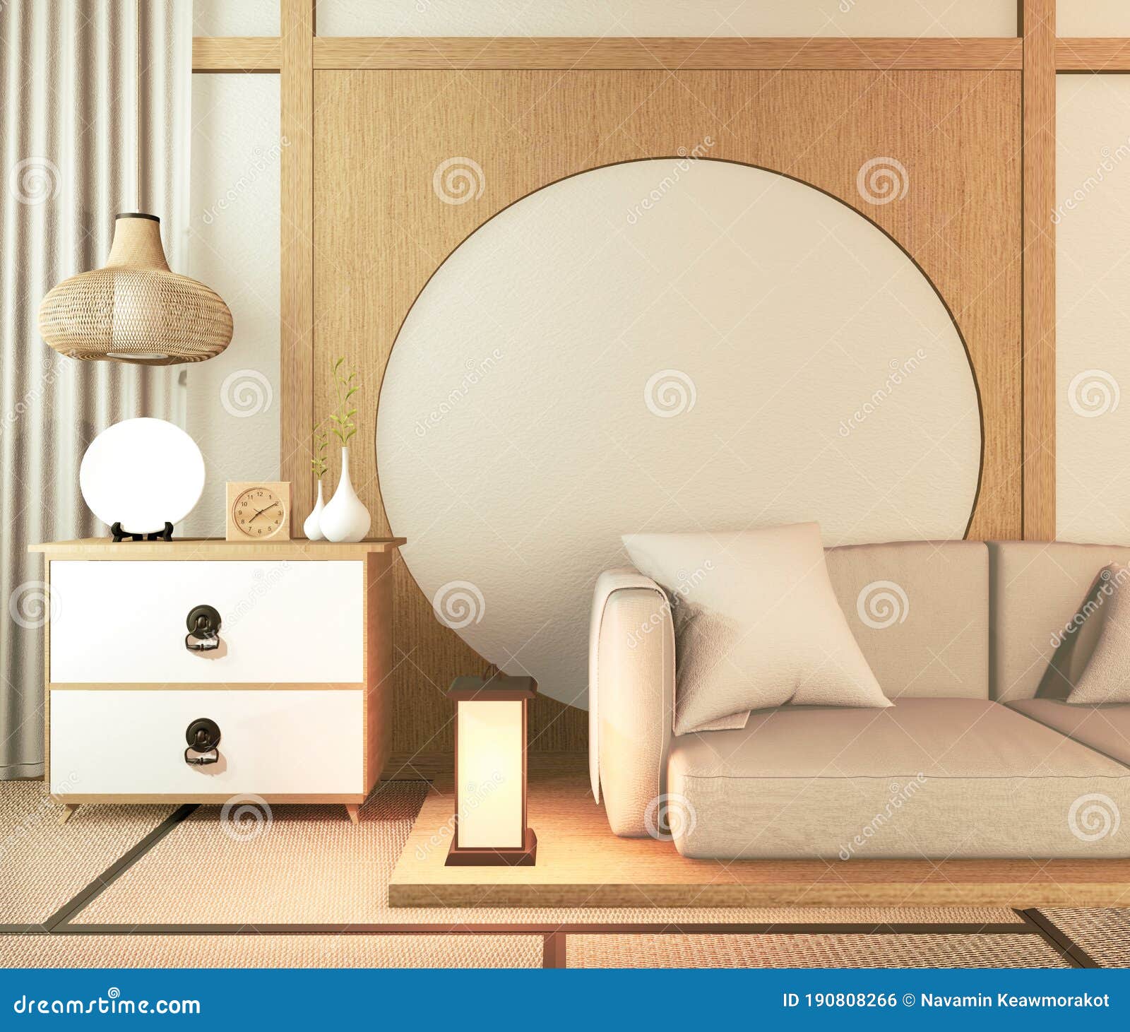 Sofa Wooden Japan Design, on Room Japan Wooden Floor .3D Rendering ...