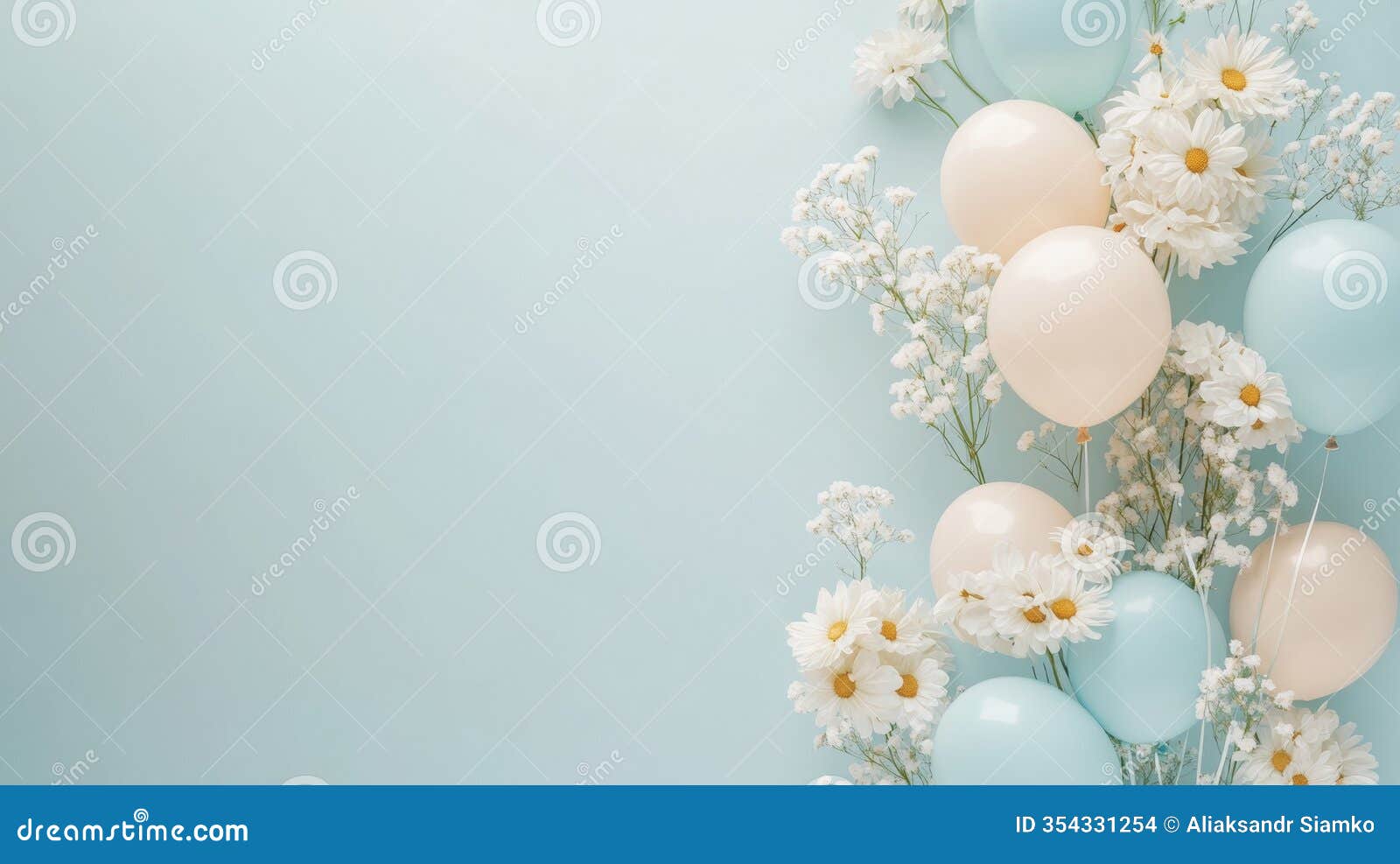 Soft Blue Background with Balloons and White Flowers Arrangement Stock ...