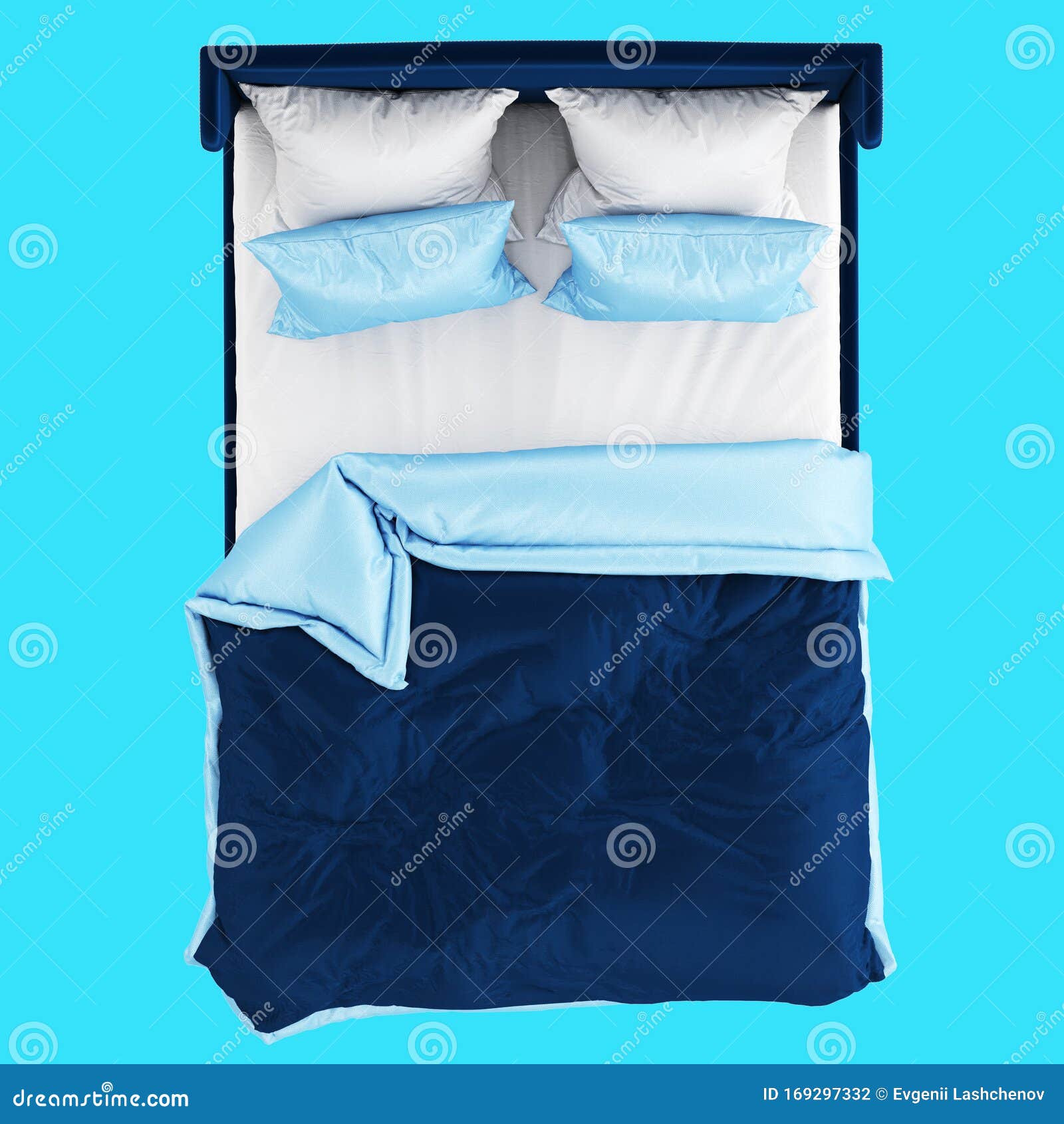 A Soft Blue Double Bed with Blue and White Bed Linen on a Blue ...