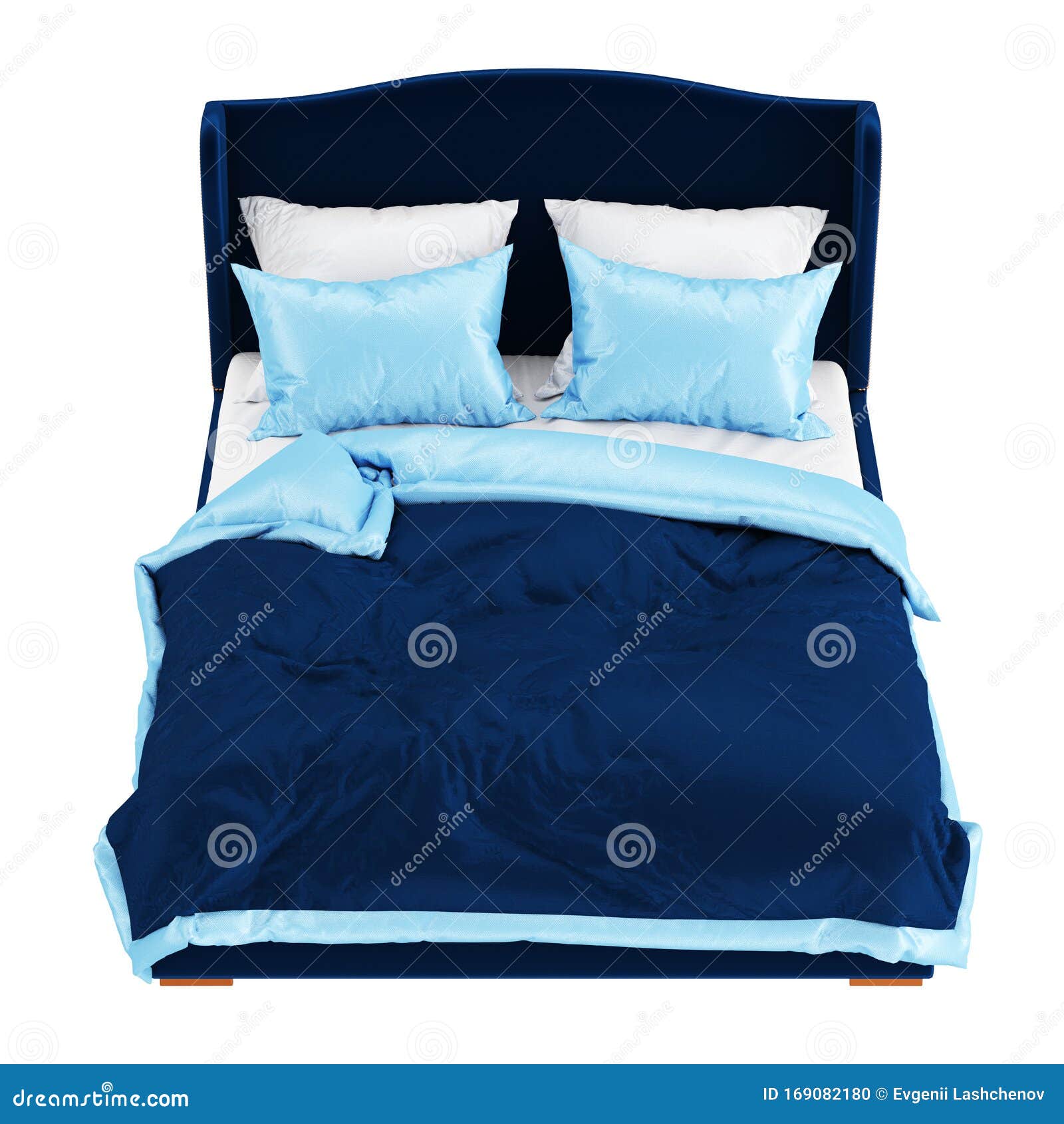 A Soft Blue Double Bed with Blue and White Bed Linen on a White ...