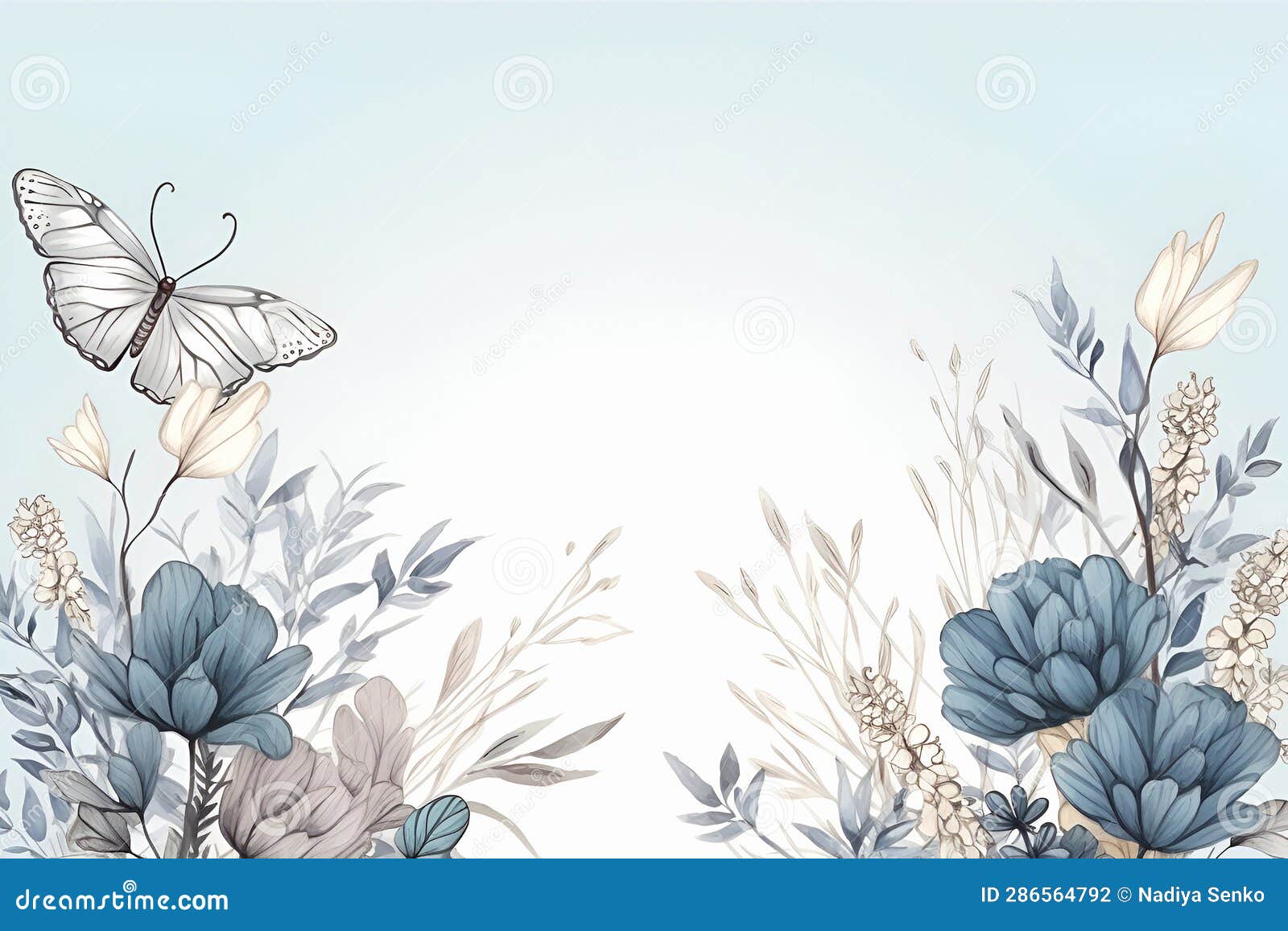 Soft Blue Floral Background with Butterfly with Copy Space Stock ...
