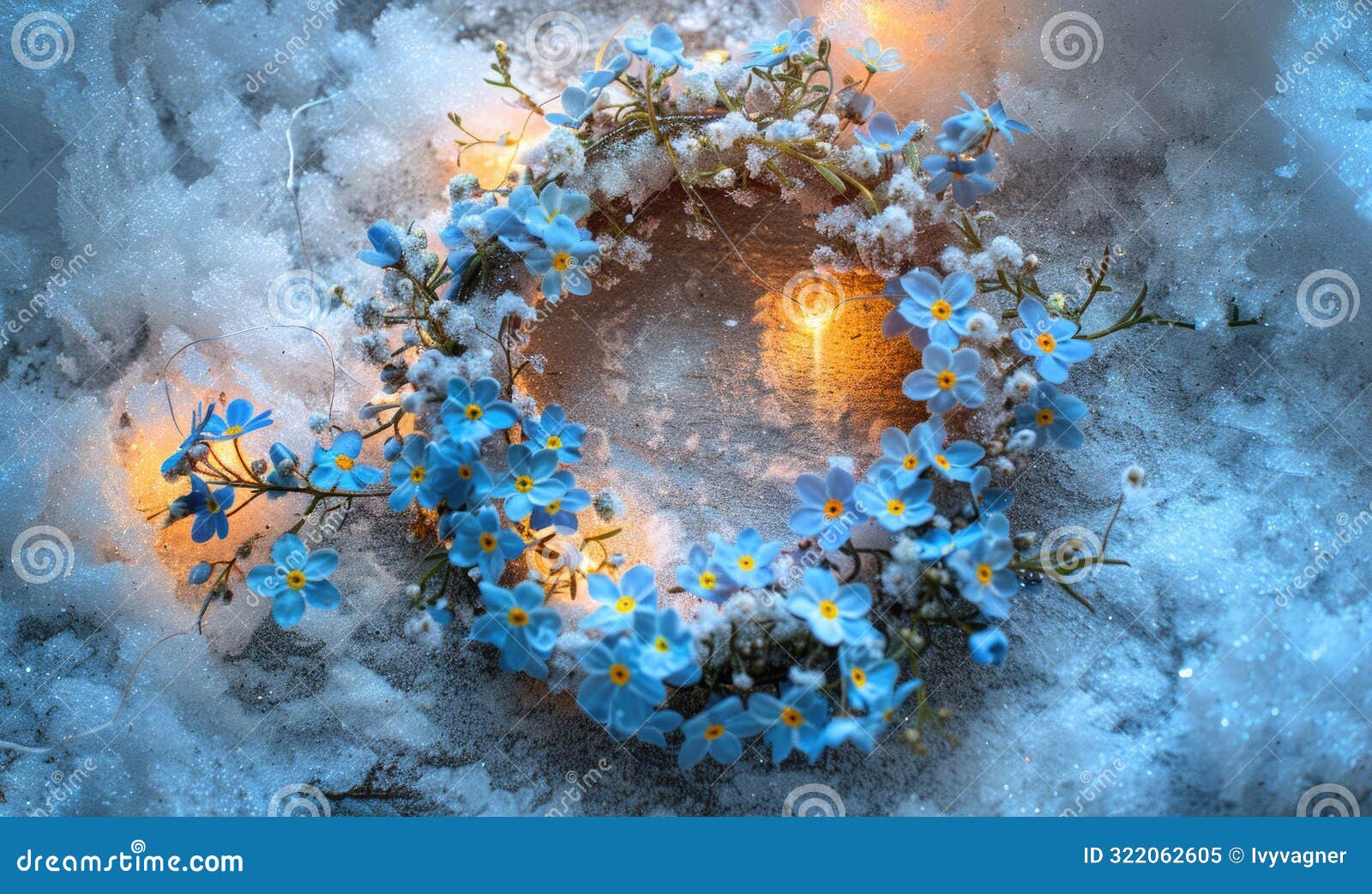 Soft Blue Forget-me-not Wreath in the Snow on Gray Background Stock ...