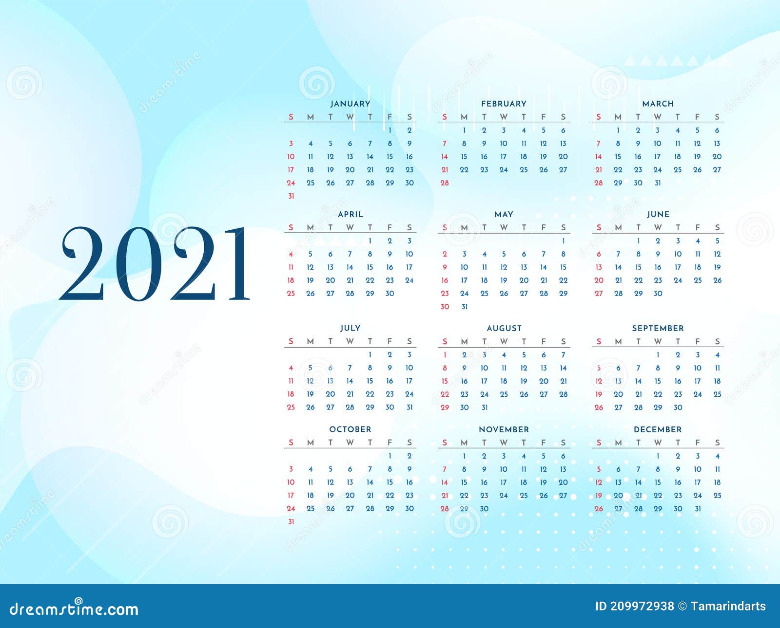 Soft Blue Modern New Year 2021 Calendar Design Stock Vector ...