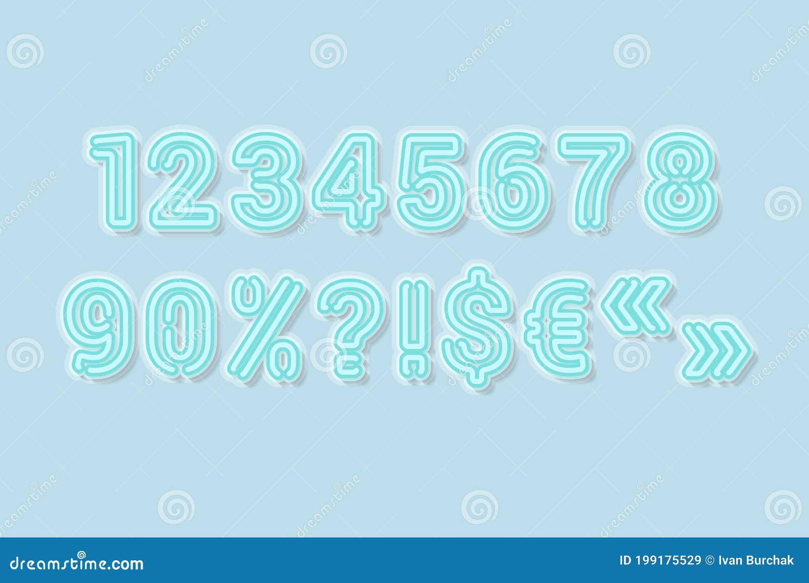 Soft Blue Neon Numbers and Special Characters Lights Off. Vector ...