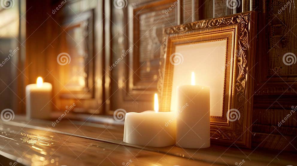 Soft Candlelight Illuminates a Blank Frame on a Rustic Wooden Table ...