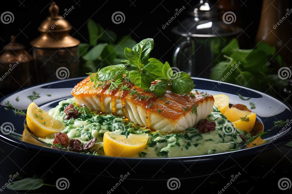 Soft Cod Dish Focus with Spinach Sauce in a Wh Stock Illustration ...