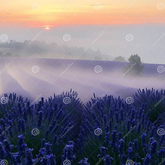 Soft Dawn Over Lavender Fields in Provence Stock Illustration ...