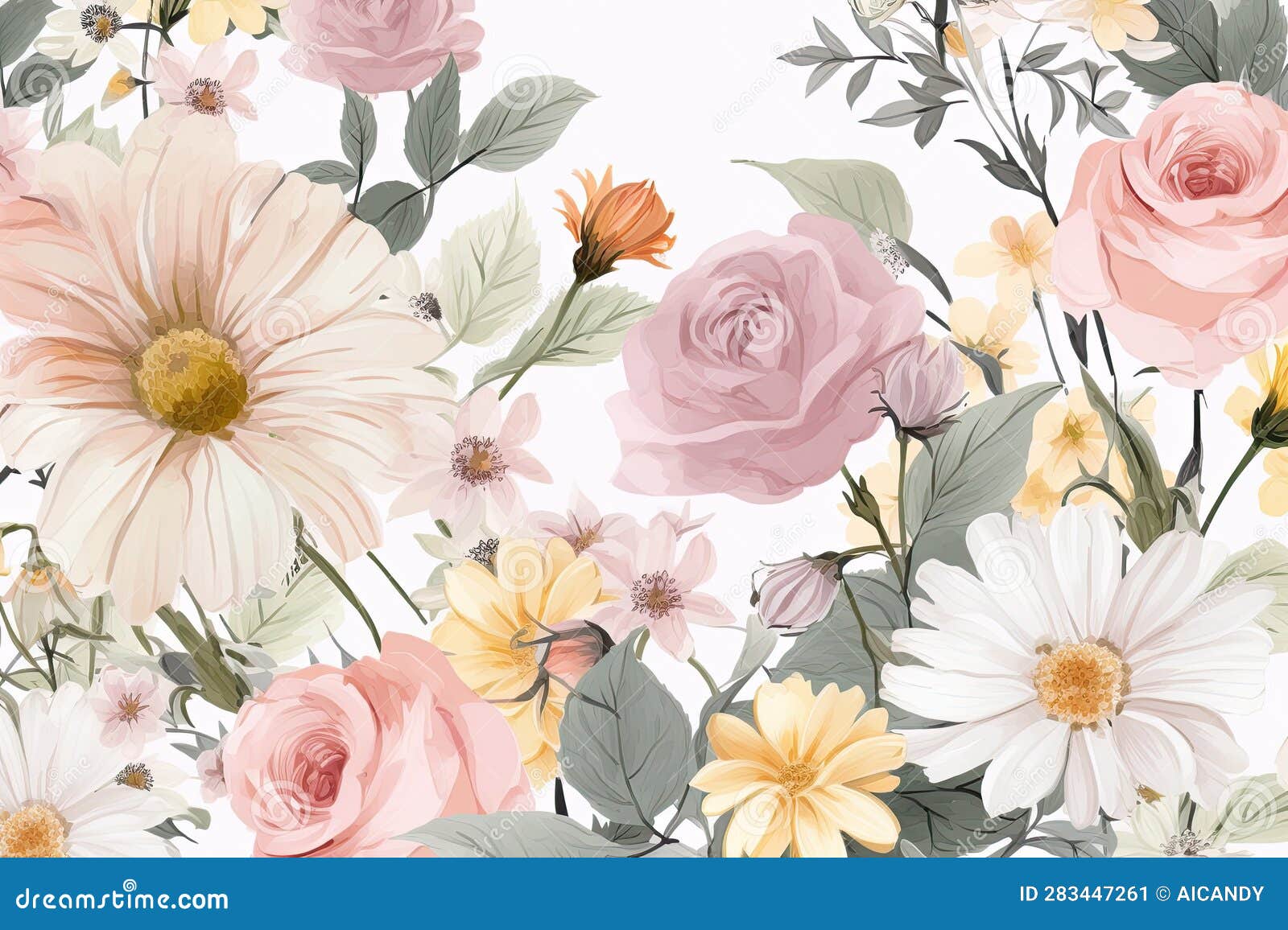 Soft and Delicate Pastel Floral Pattern with a Mix of Roses and Daisies ...