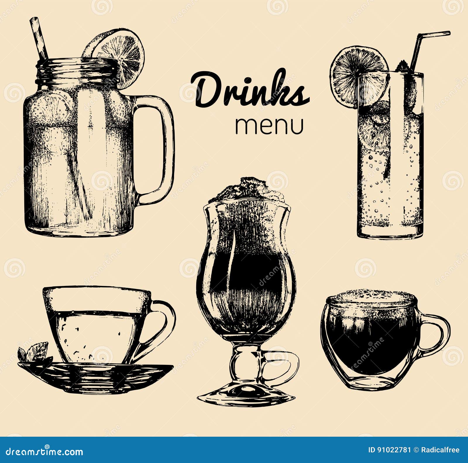 Soft Drinks and Glasses for Bar,restaurant,cafe Menu. Hand Drawn ...