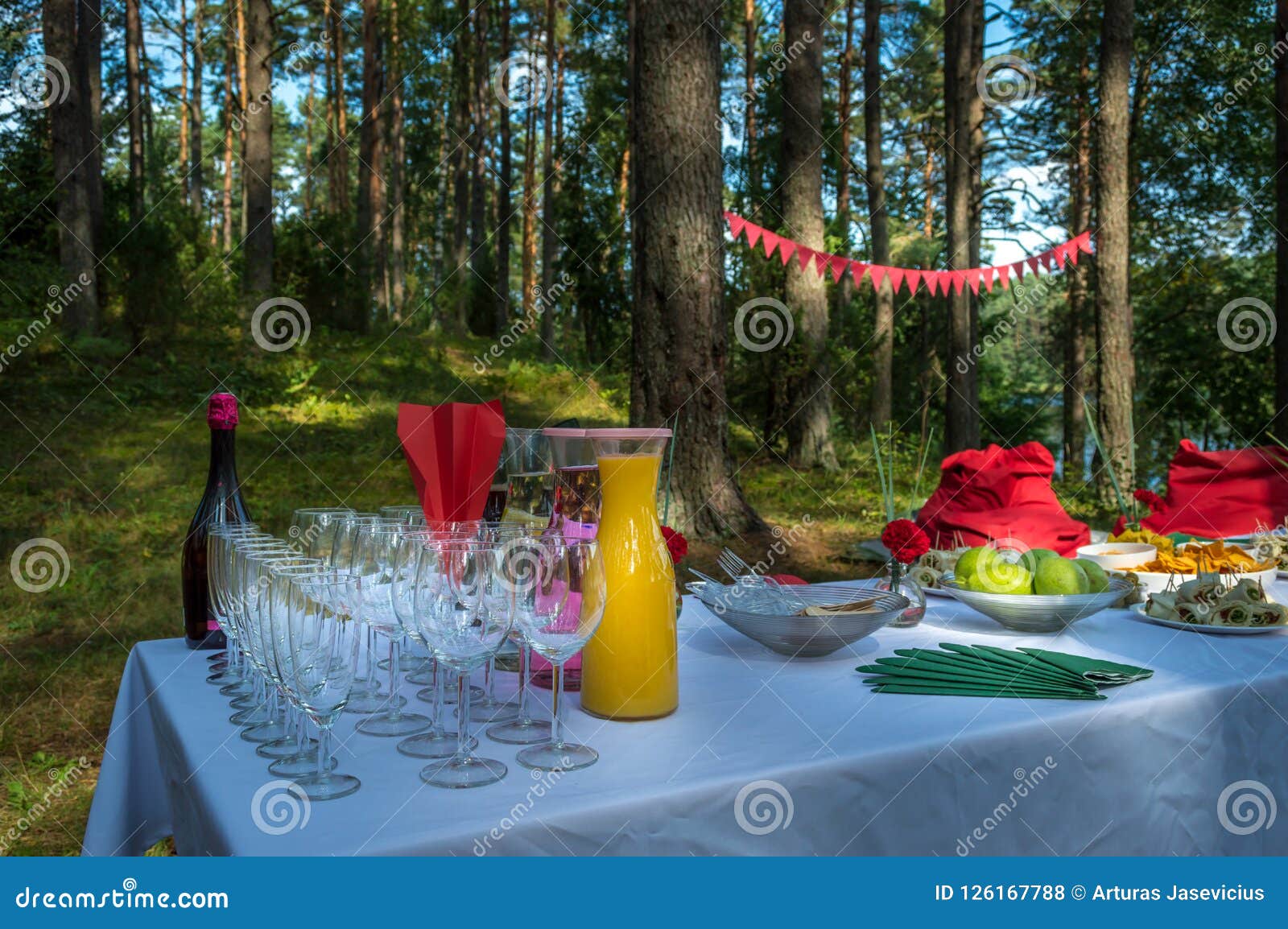 Soft Drinks and Snacks on a Table Outside Stock Photo - Image of fruit ...